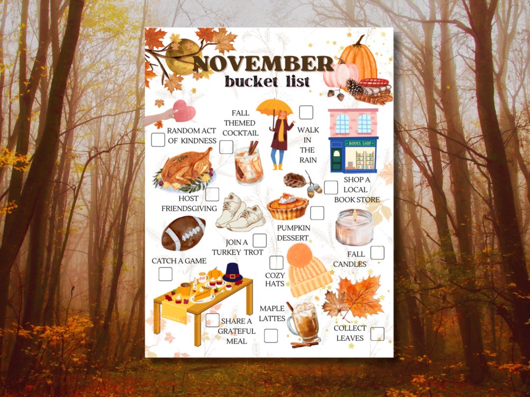 November Bucket List Autumn Seasonal Guide Illustrated Thanksgiving ...