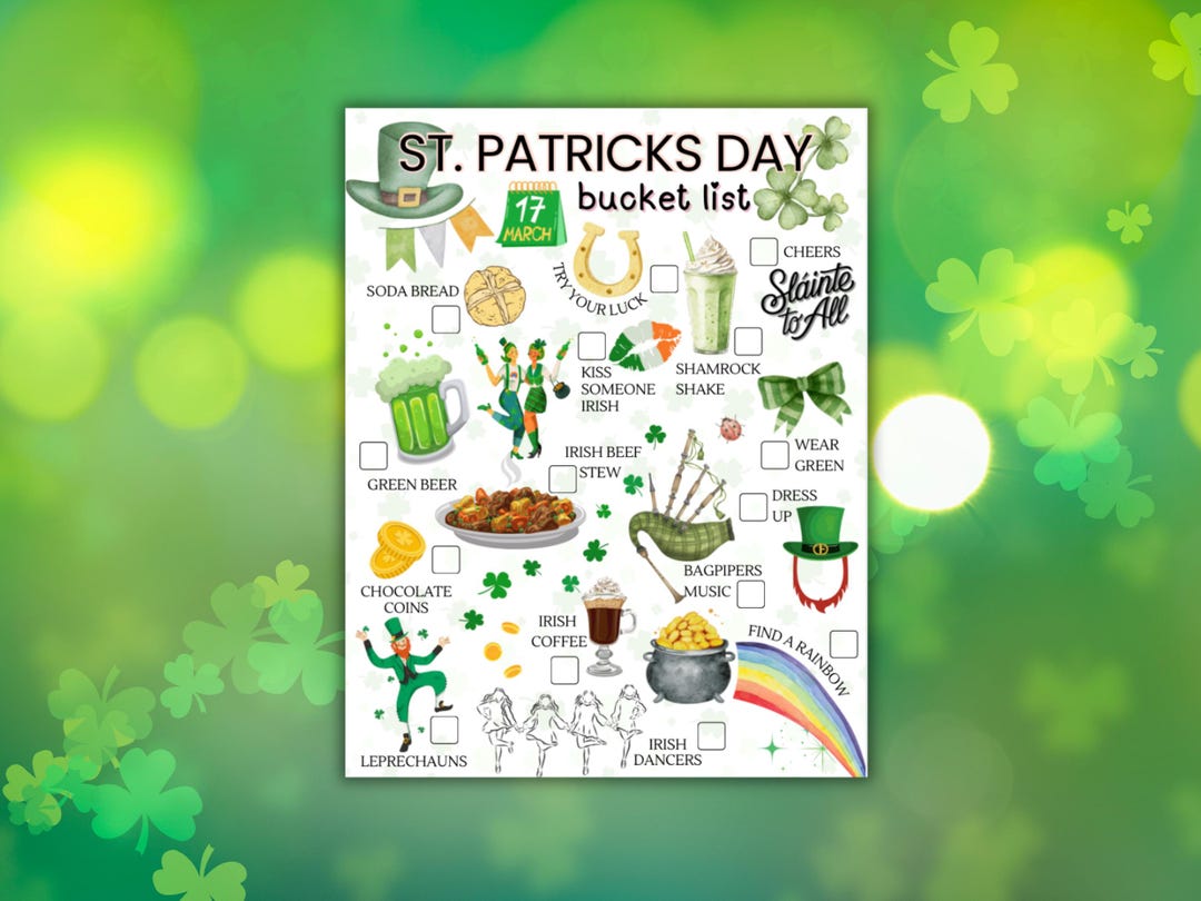 St. Patricks Day Bucket List Illustrated March Holiday Checklist - Etsy