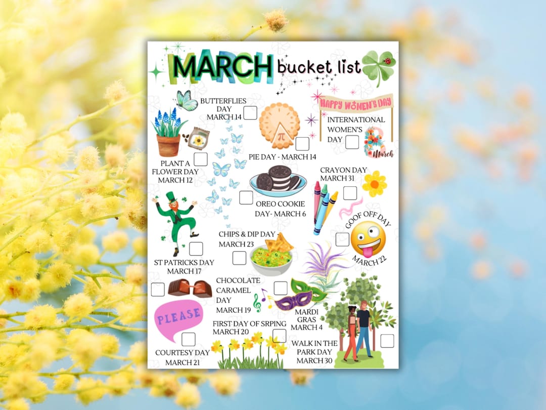 March Bucket List Printable Celebrating National Days of March - Etsy