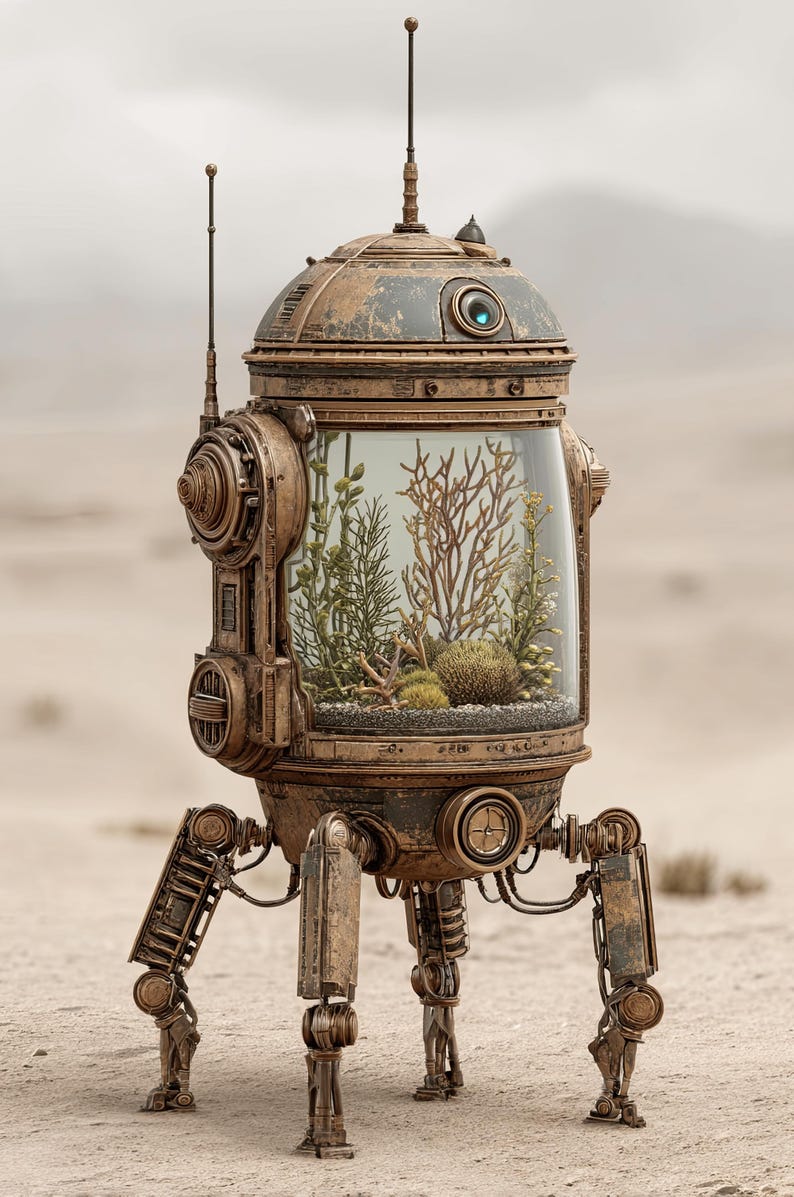 Retro Robot Terrarium Puzzle: Vertical Desert World AI Art (calm and ...