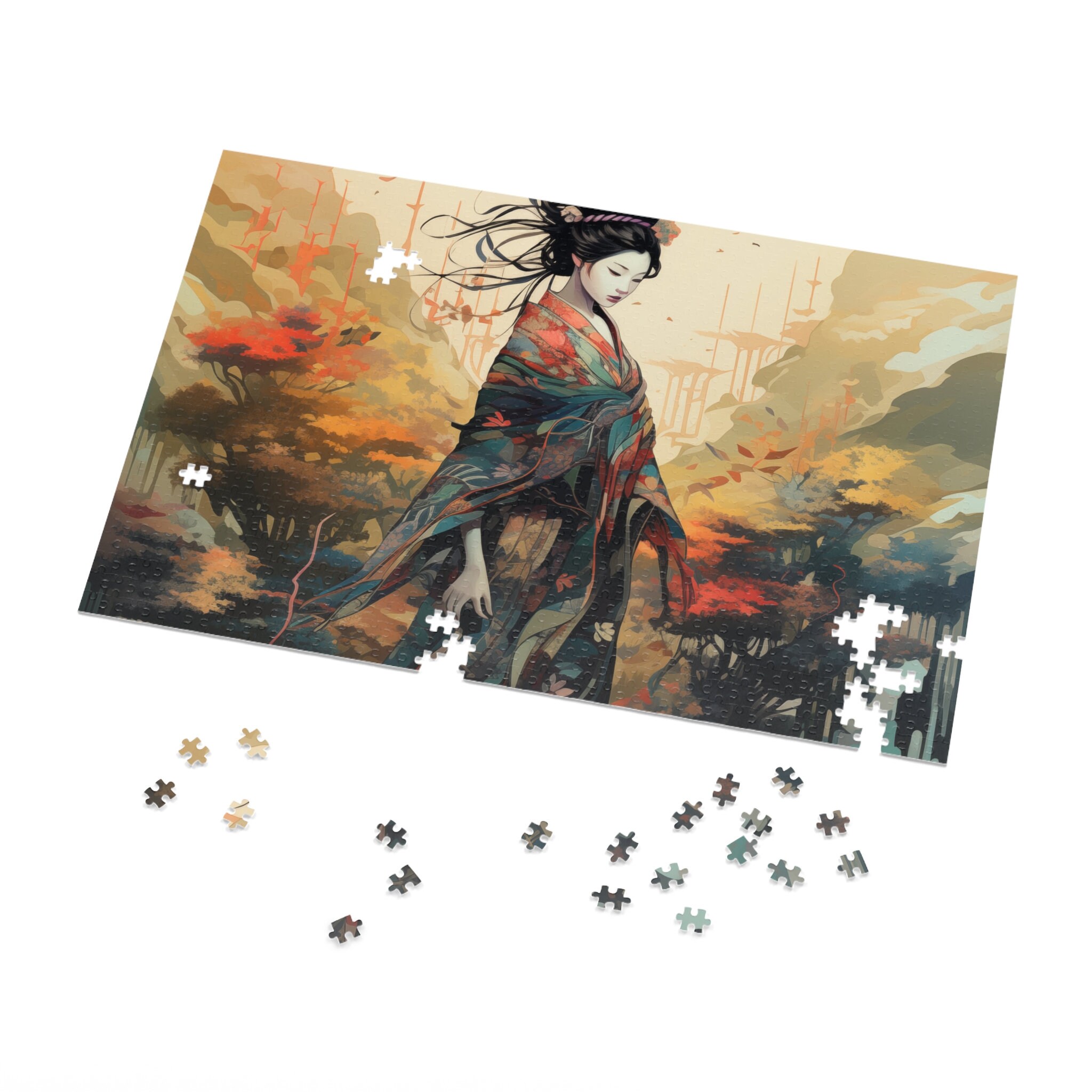 Japanese Geisha Art Puzzle, Beautiful Autumn Landscape Jigsaw, Cultural ...