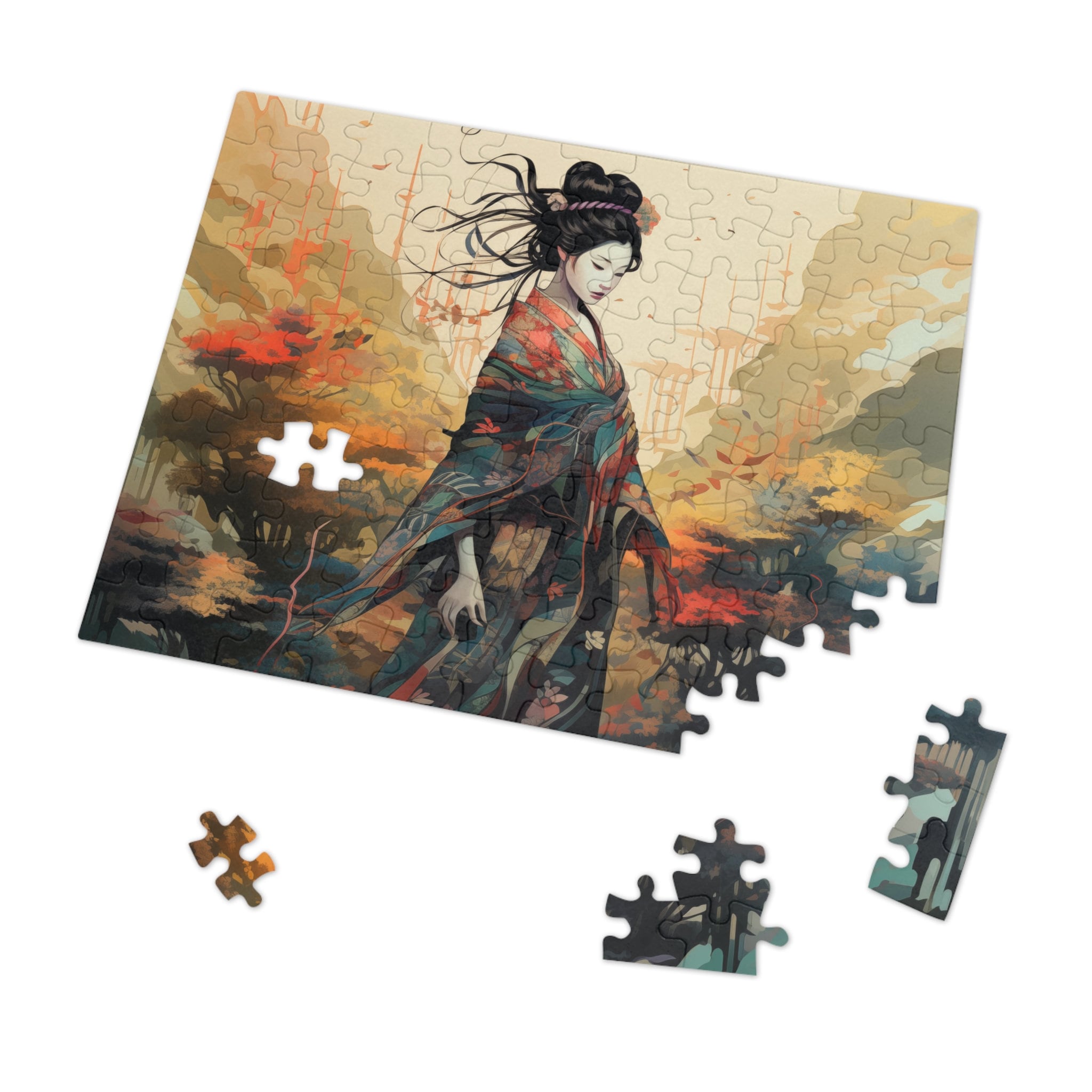 Japanese Geisha Art Puzzle, Beautiful Autumn Landscape Jigsaw, Cultural ...
