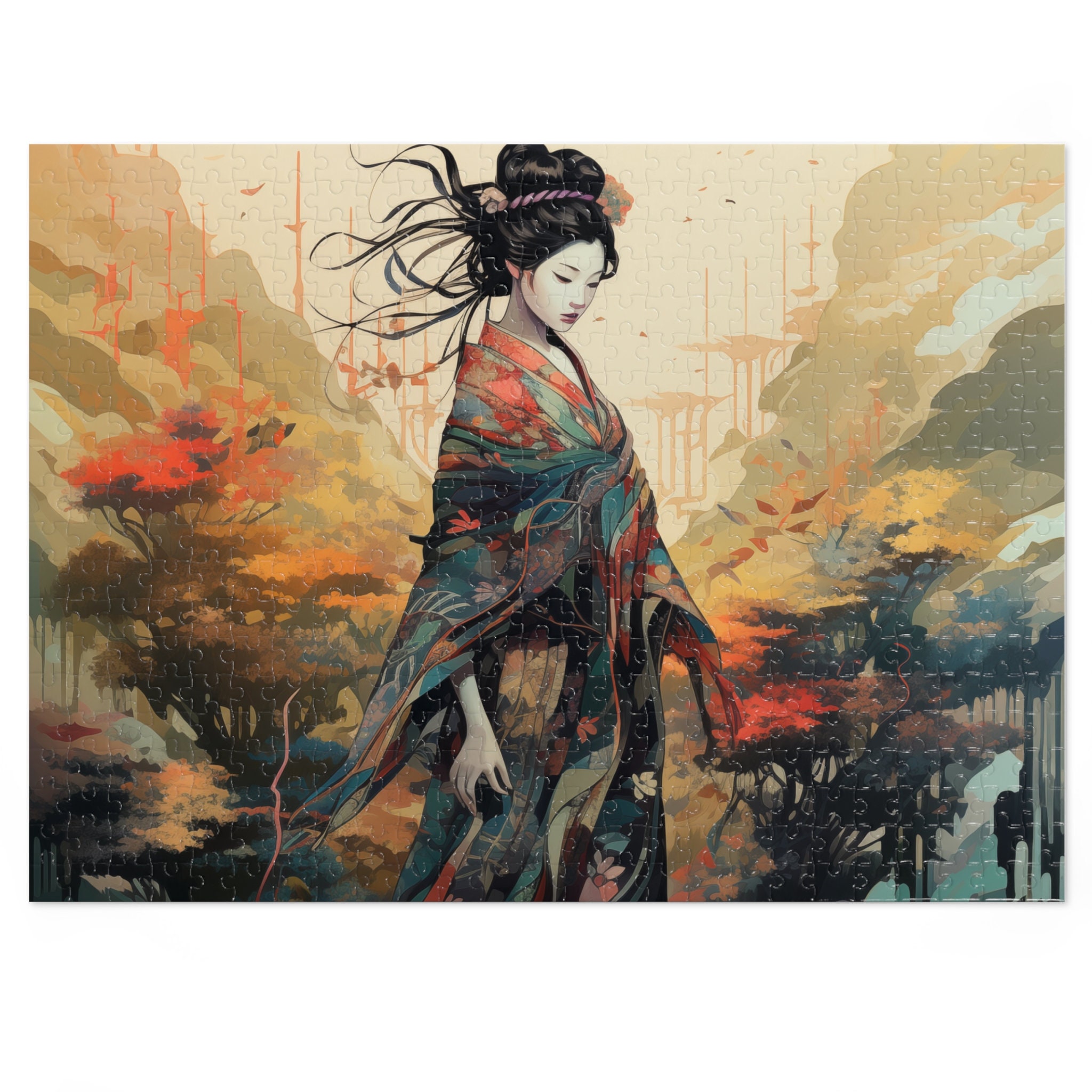 Japanese Geisha Art Puzzle, Beautiful Autumn Landscape Jigsaw, Cultural ...