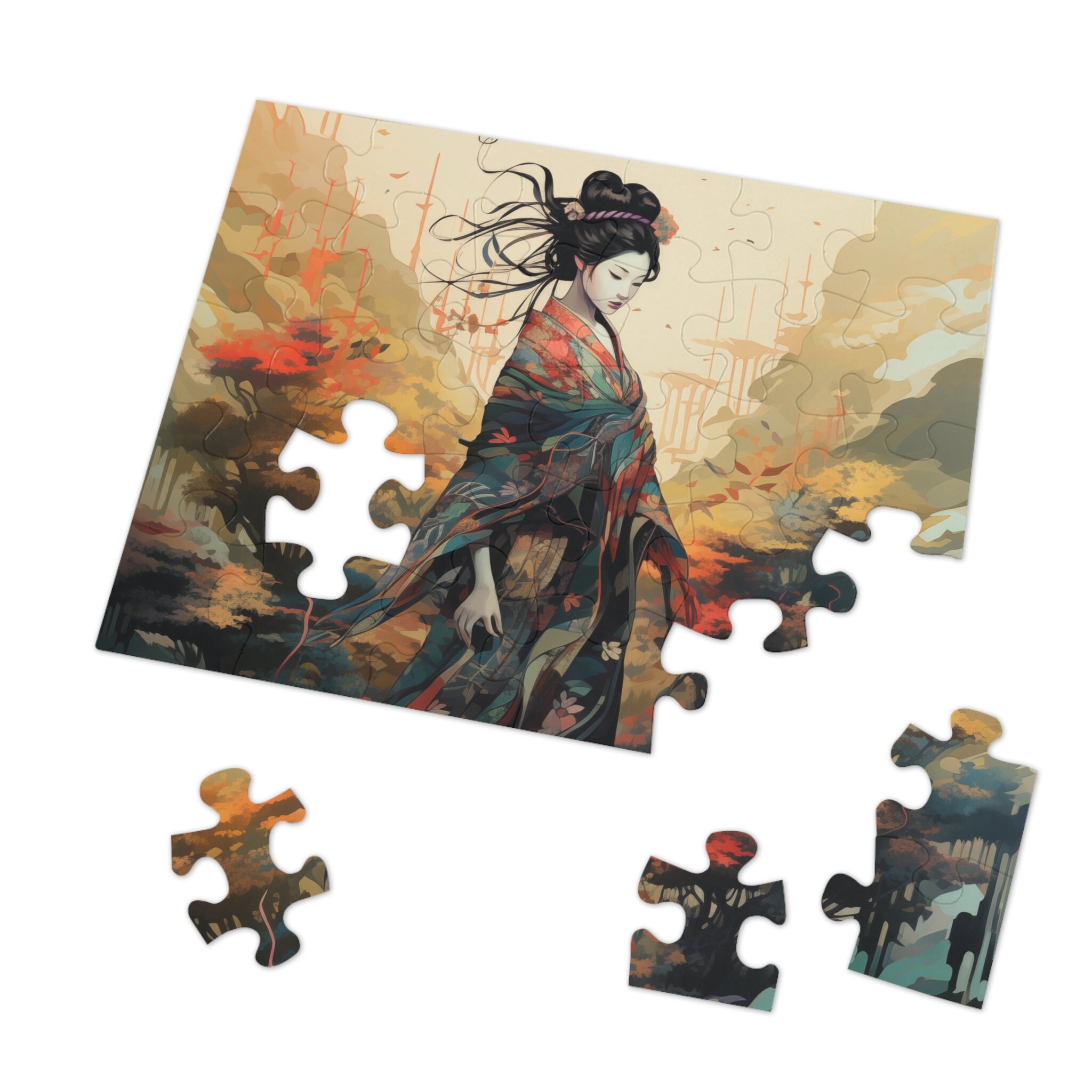 Japanese Geisha Art Puzzle, Beautiful Autumn Landscape Jigsaw, Cultural ...