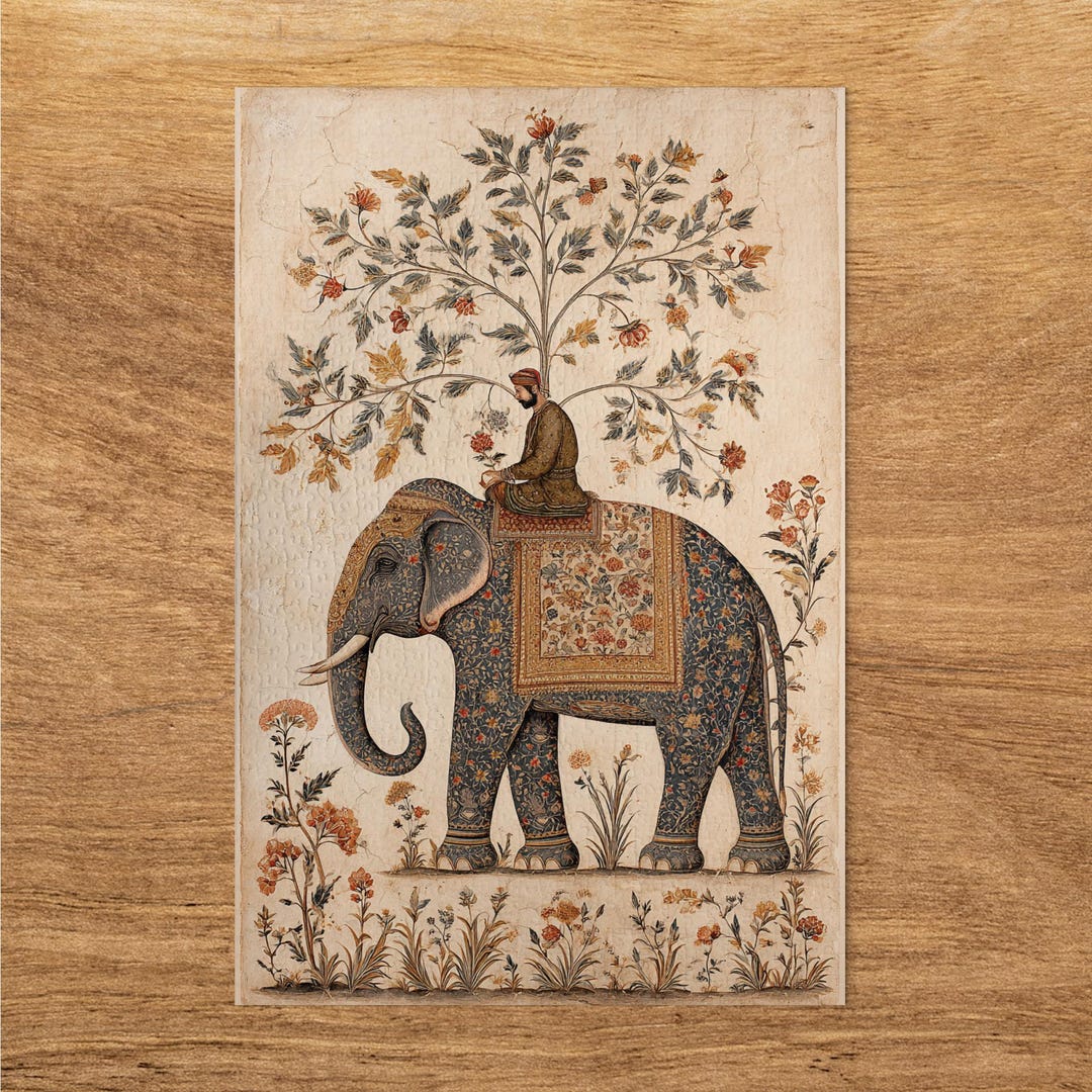 Mughal Elephant Jigsaw Puzzle: Indian Palampore Art, Intricate Design ...