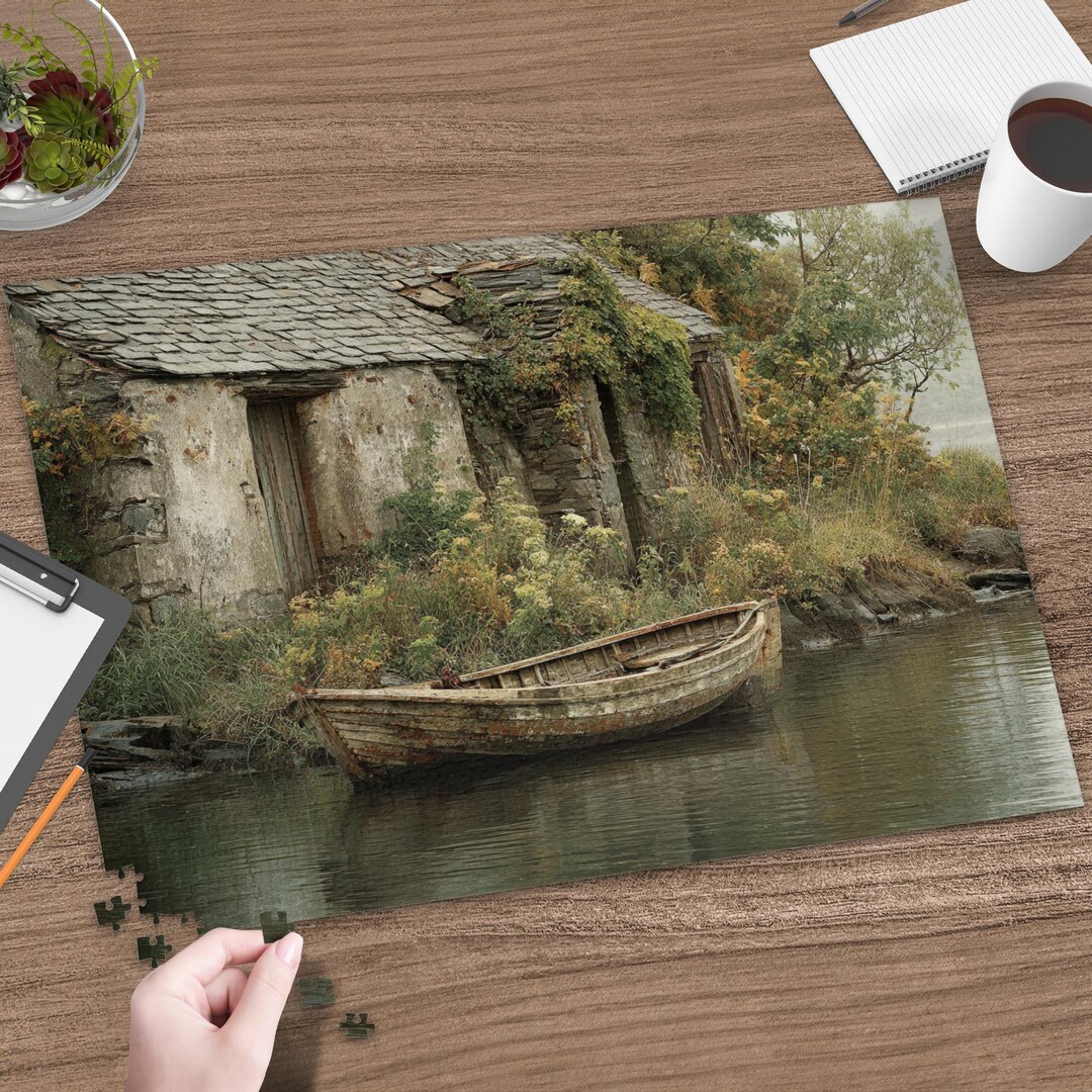 Rustic Boat House Puzzles, Lakeside Cabin Puzzle, Cottage Art Jigsaw ...