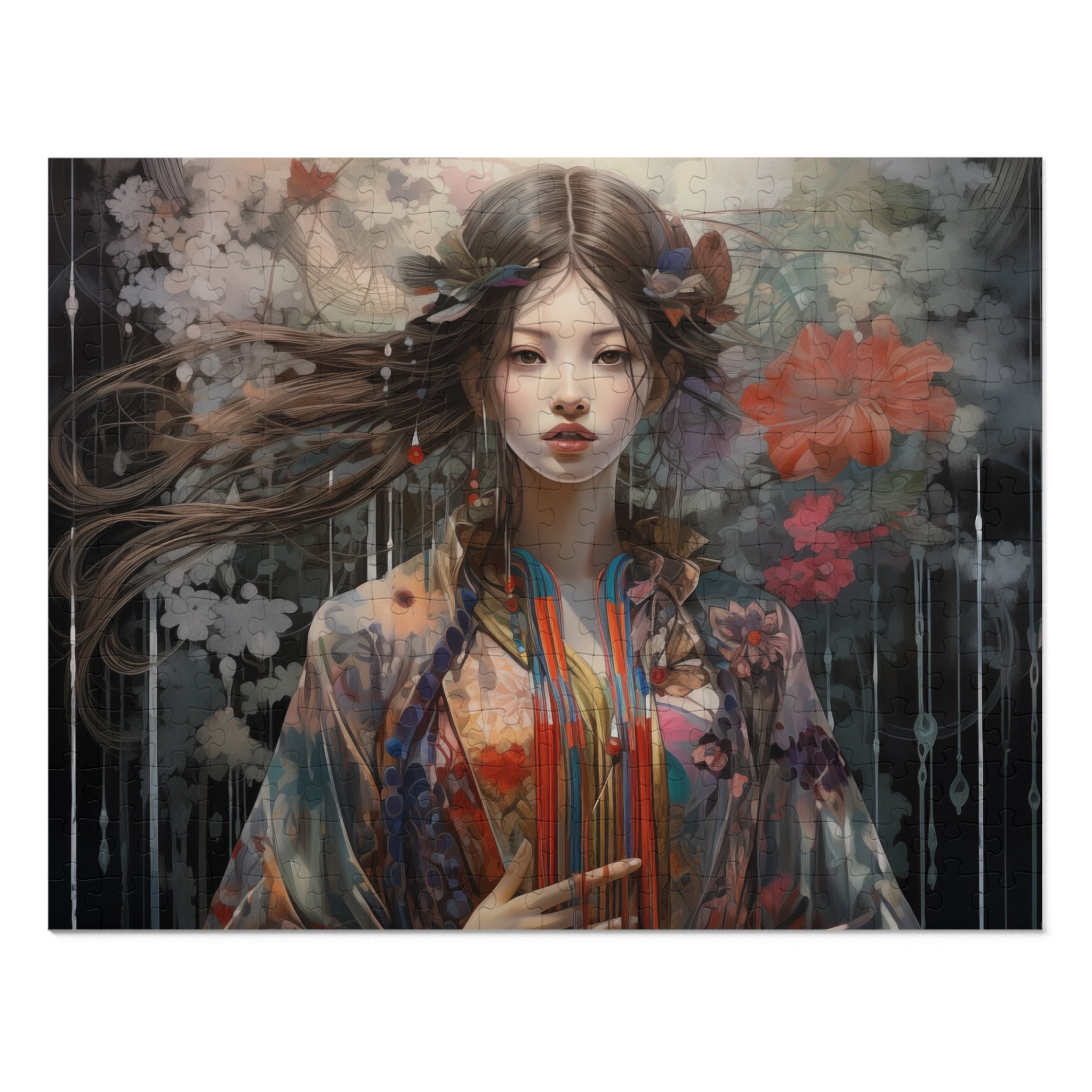 Mystical Asian Beauty Jigsaw Puzzle, Fantasy Floral Art Puzzle, Unique ...