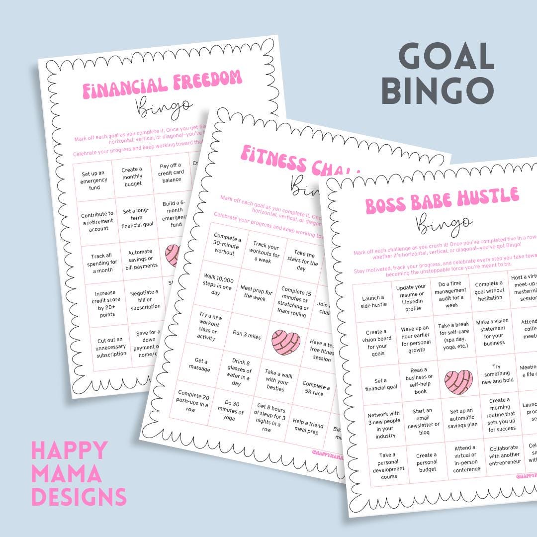 Printable Bingo Cards - Financial, New Year Goals, Fitness, Boss Babe ...
