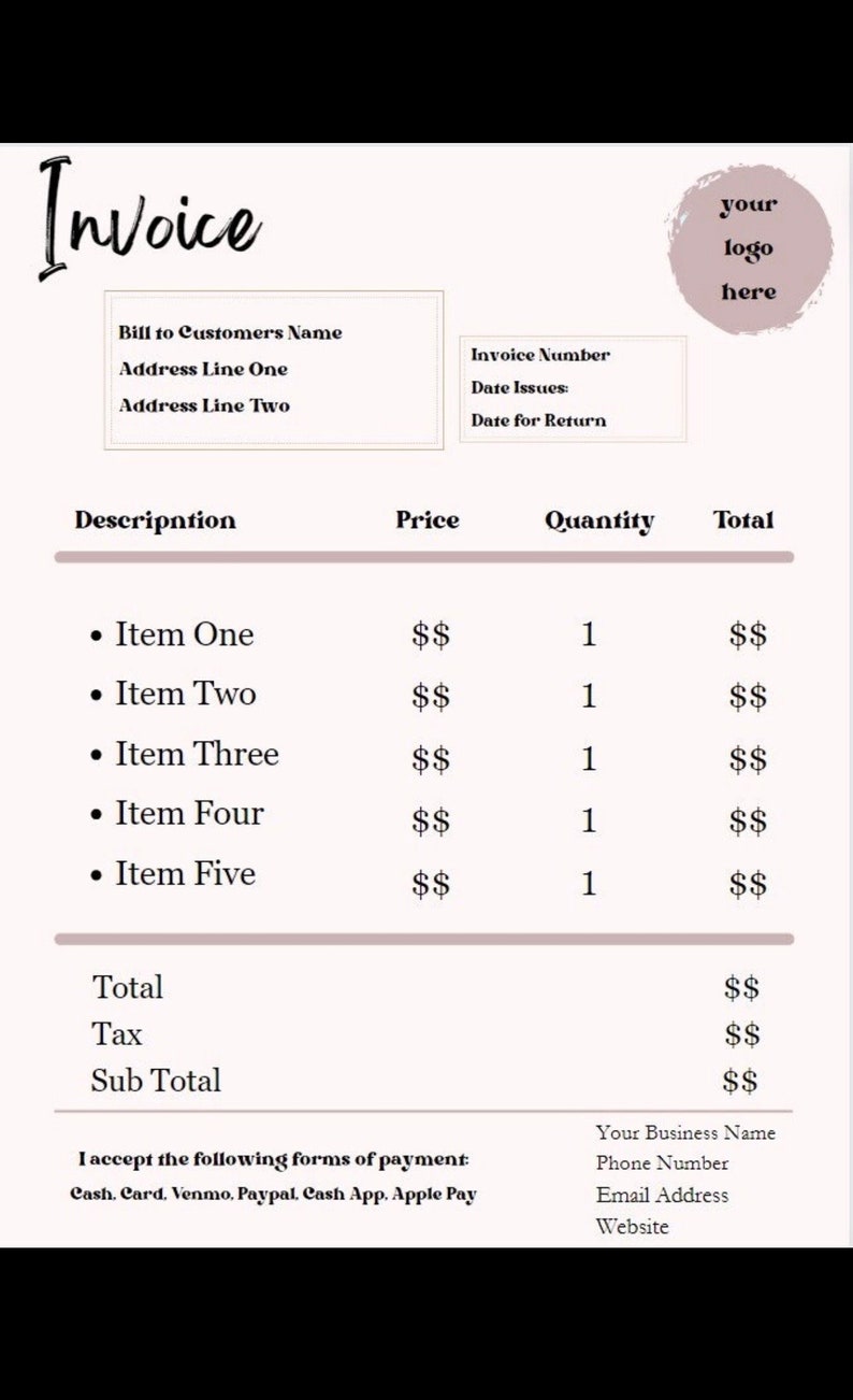 Invoice Template Form for Businesses. Customizable and Printable. Small ...