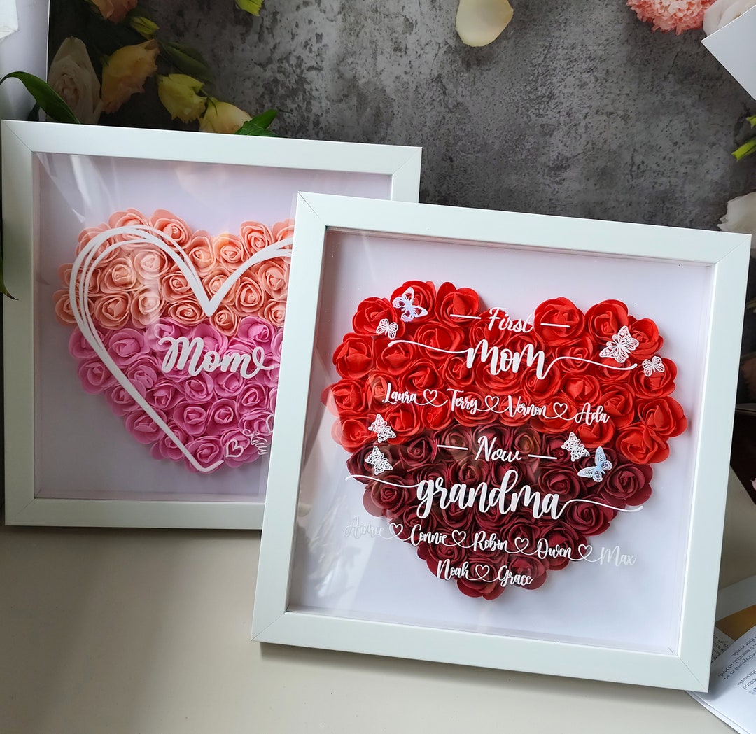 Personalized Mom Flower Shadow Box,first Mom Now Grandma Heart Rose ...
