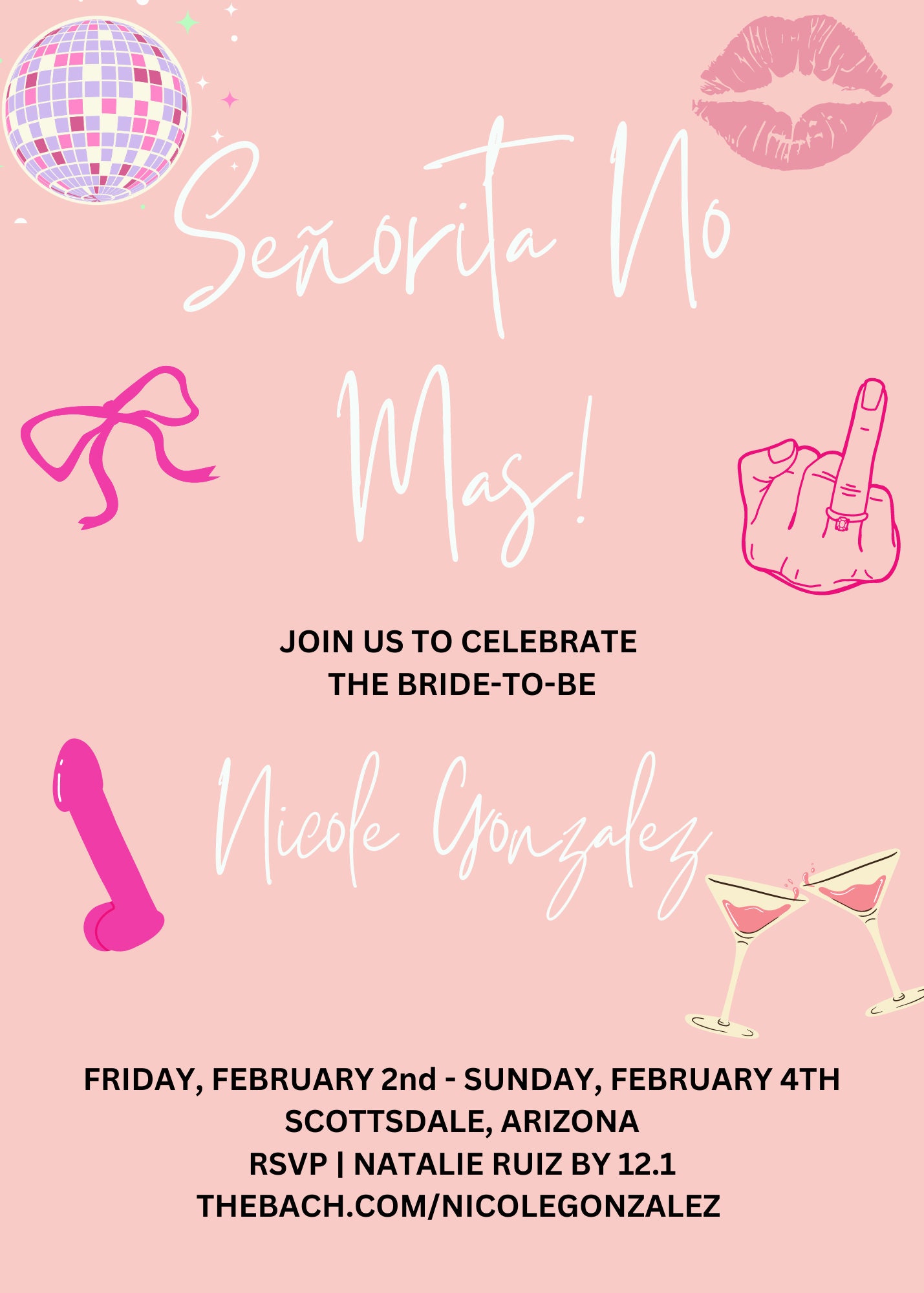 Señorita No Mas Bachelorette Bash Invitation, Pink Theme, Customized ...