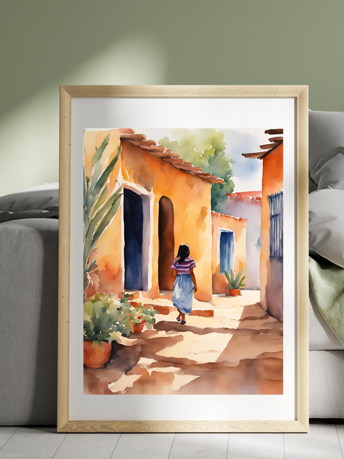 Tropical Mexican Village Watercolor Art Print With Villager, Rustic ...