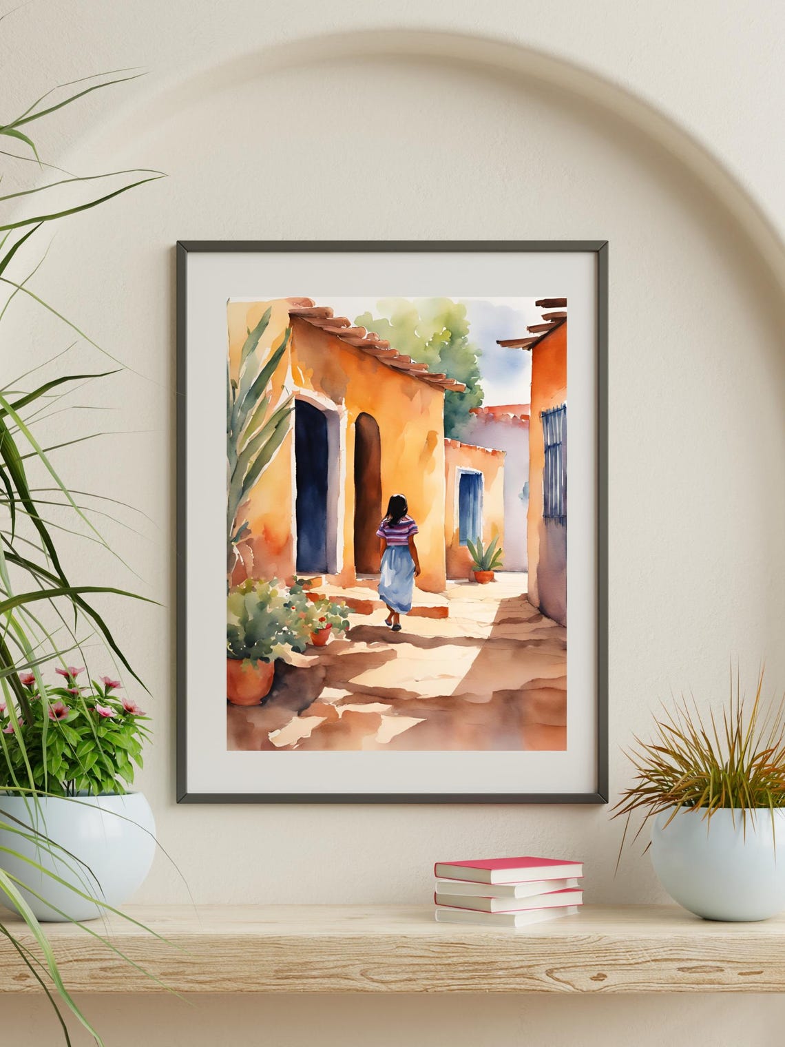 Tropical Mexican Village Watercolor Art Print With Villager, Rustic ...