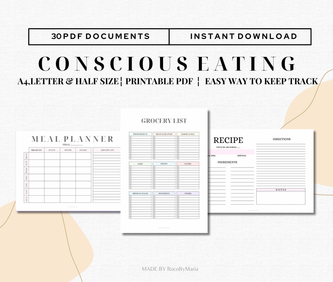 Conscious Eating Pack/ Meal Planner/ Grocery List/ Recipe Template, 10 ...