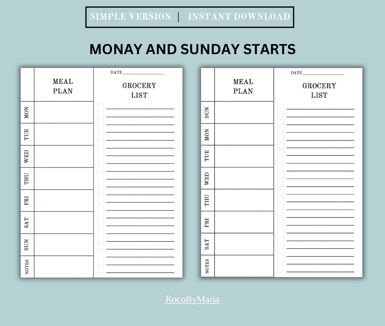 Printable Simple Meal Planner and Grocery List - Etsy