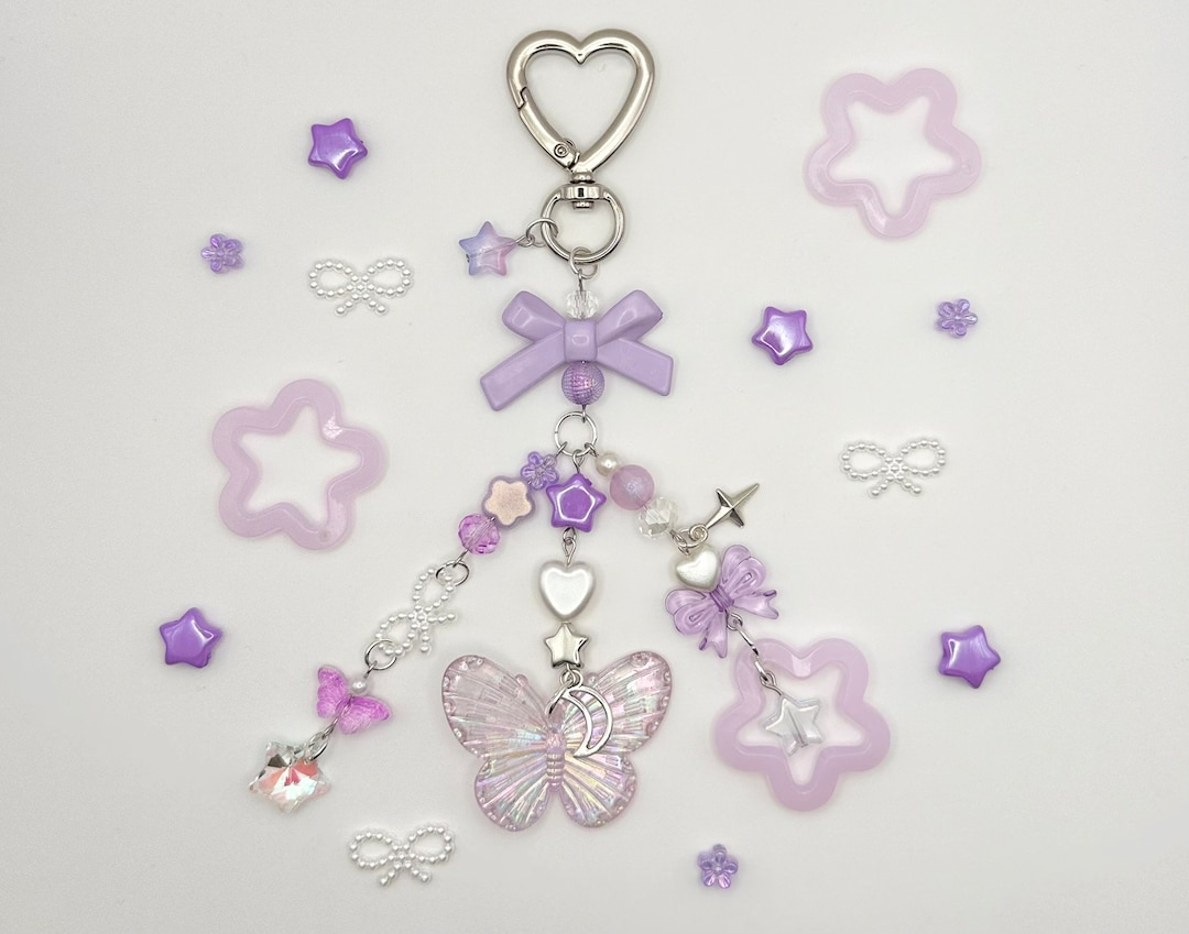 Lilac Butterfly Keychain With Crystal Beads, Y2k-inspired Chunky ...