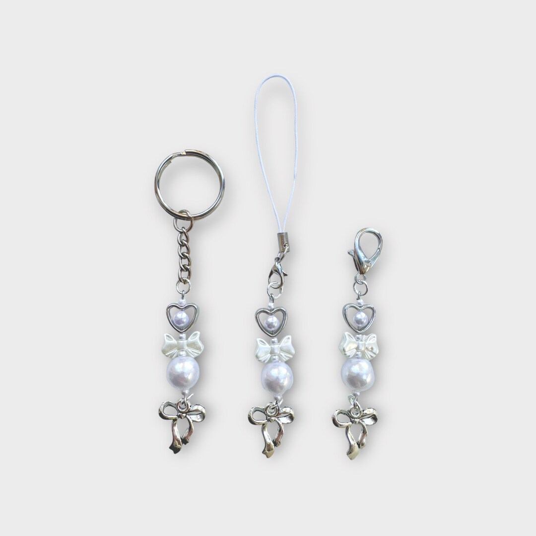 Mini Pearl and Silver Bow Y2k Keychain in Three Variations, Phone Charm ...