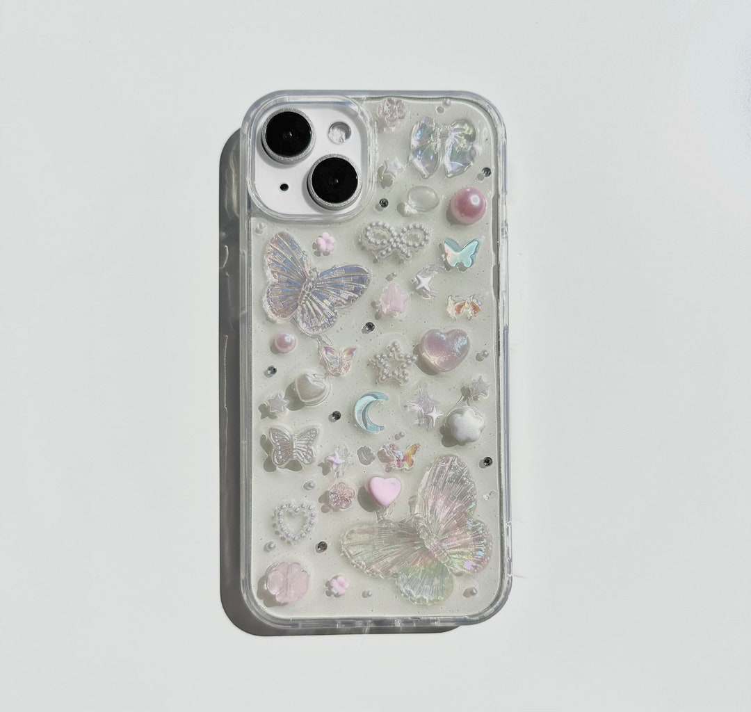 Pink Butterfly Resin Phone Case With Pearl Charms, Cute Glitter iPhone ...