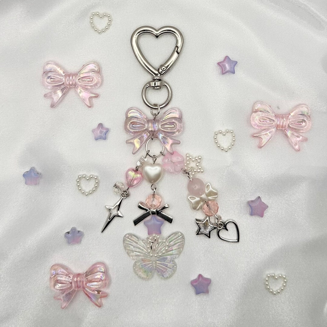 Pink Butterfly Keychain With Crystal Beads, Y2k-inspired Chunky ...