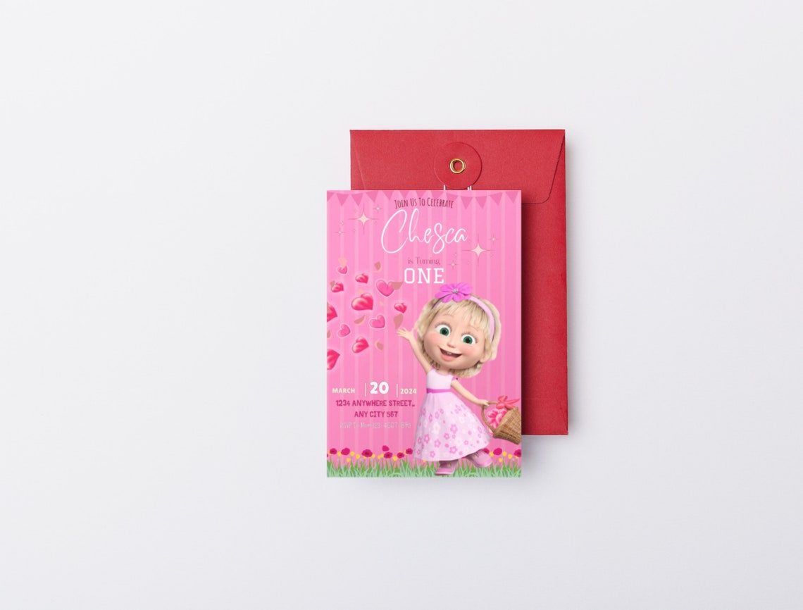 Printable, Cute Masha and the Bear Birthday Invitation Thank You Card ...