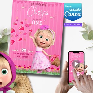 Printable, Cute Masha and the Bear Birthday Invitation Thank You Card ...