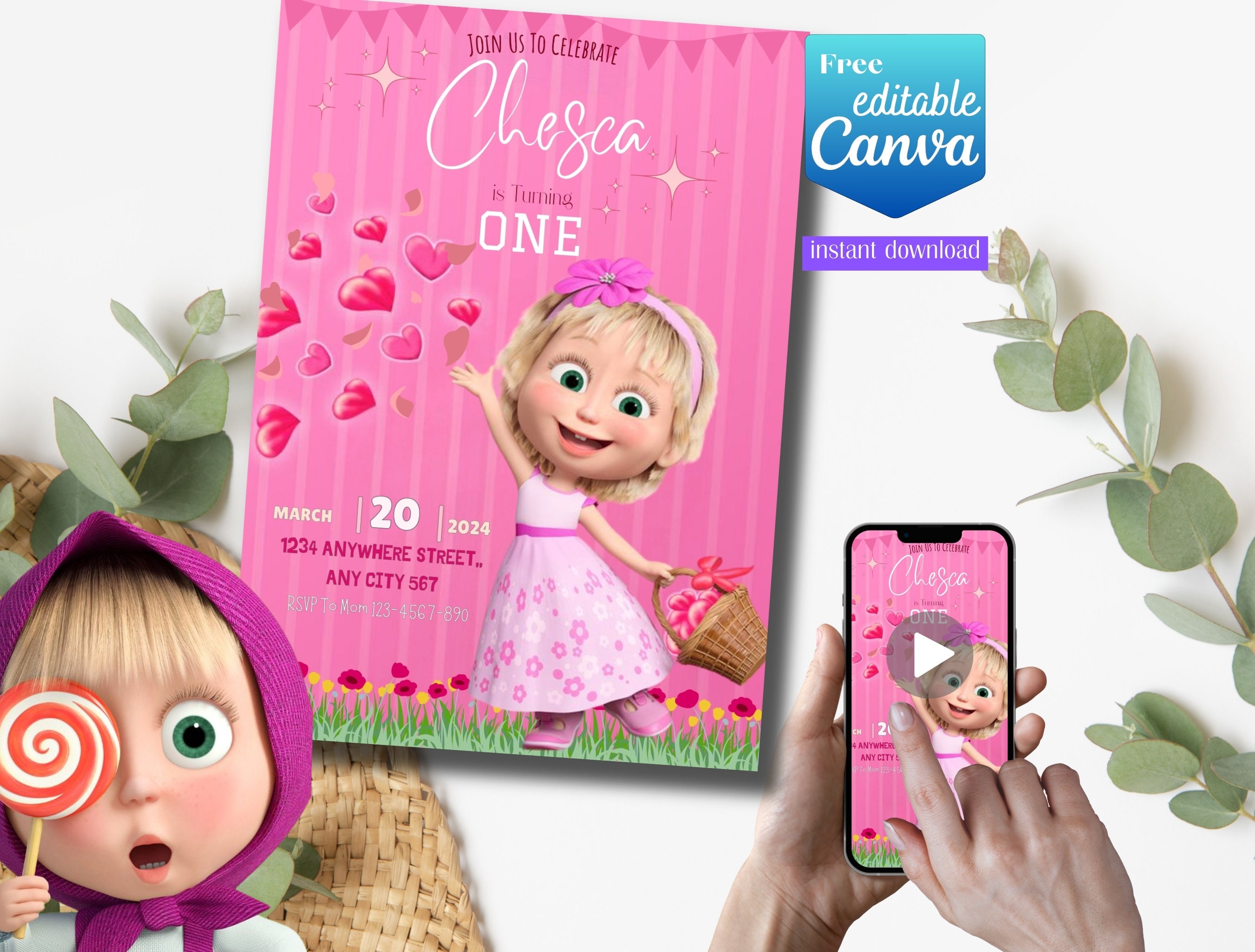 Printable, Cute Masha and the Bear Birthday Invitation Thank You Card ...