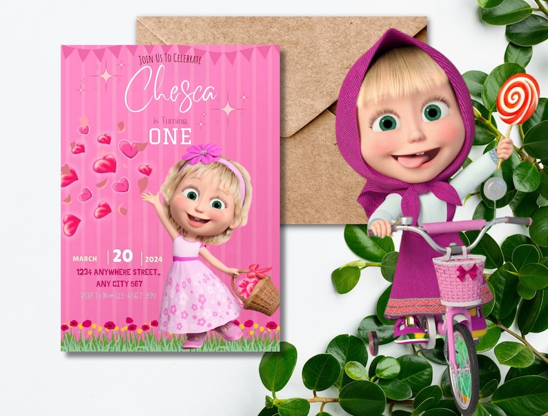 Printable, Cute Masha and the Bear Birthday Invitation Thank You Card ...