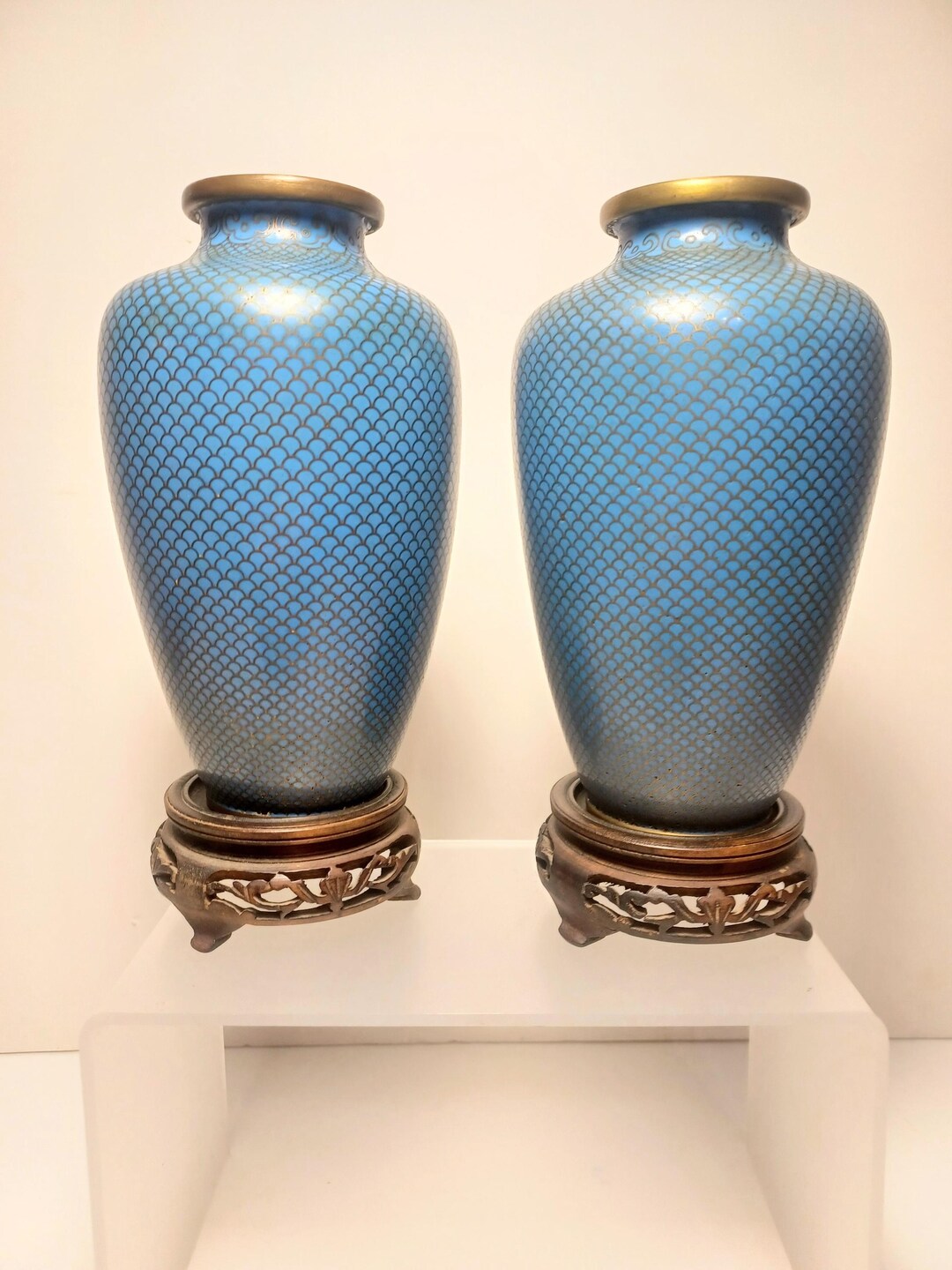 Antique Chinese Cloisonne Urn Vases: Blue Fish Scale Enamel, Rosewood ...