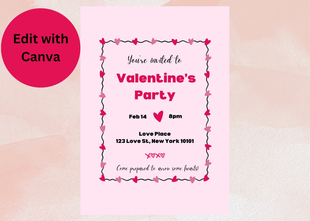 Editable Canva Valentine's Day Party Invitation, Pink Valentine's Day ...