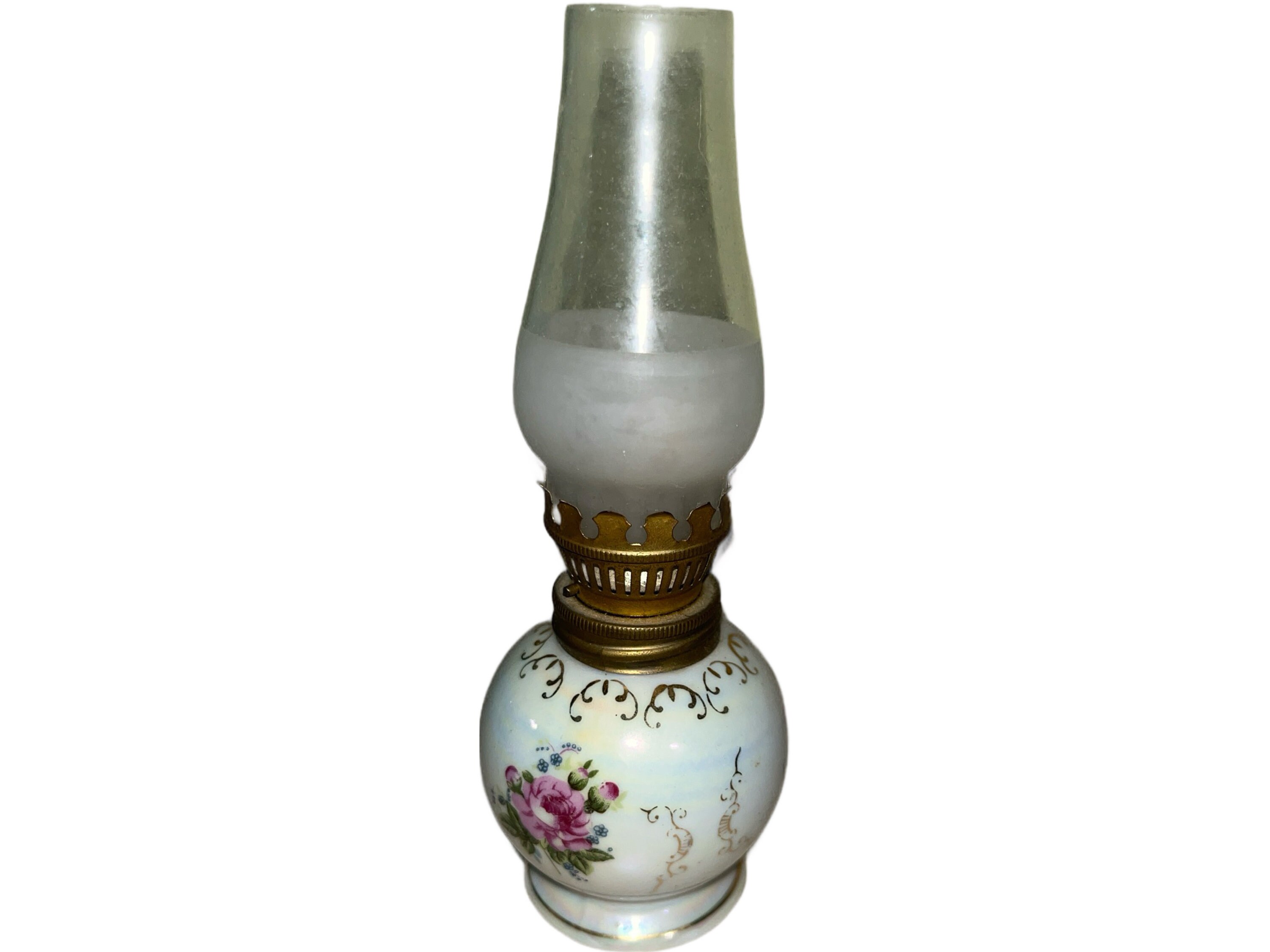Midcentury Lusterware Mini Oil Lamp Multi Color Flowers an Shade Half ...