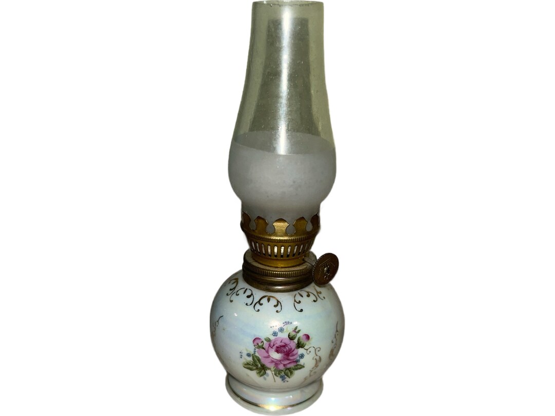 Midcentury Lusterware Mini Oil Lamp Multi Color Flowers an Shade Half ...