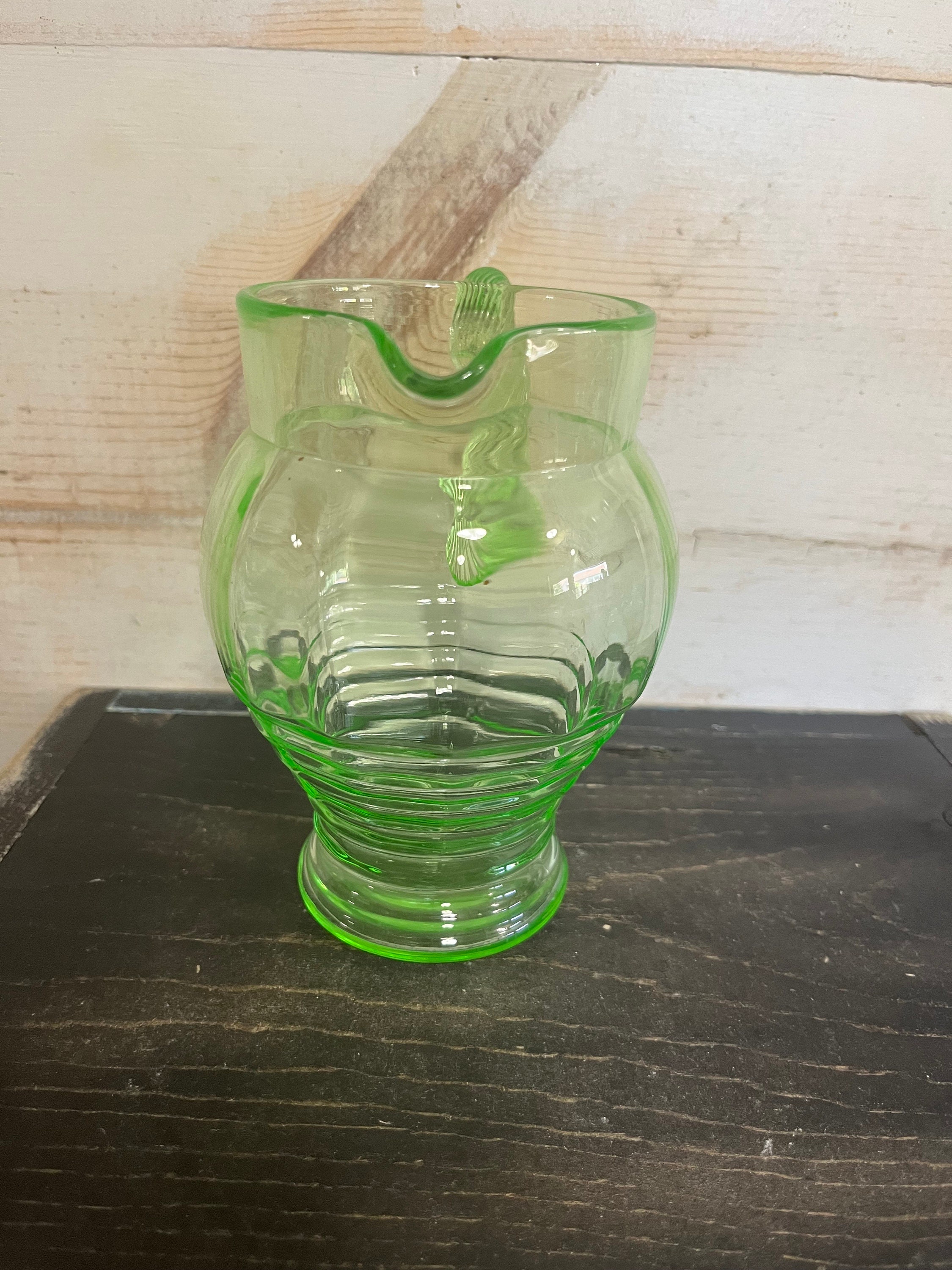 Vintage Uranium Green Glass Pitcher | Swirled Handle, Depression Era - Etsy