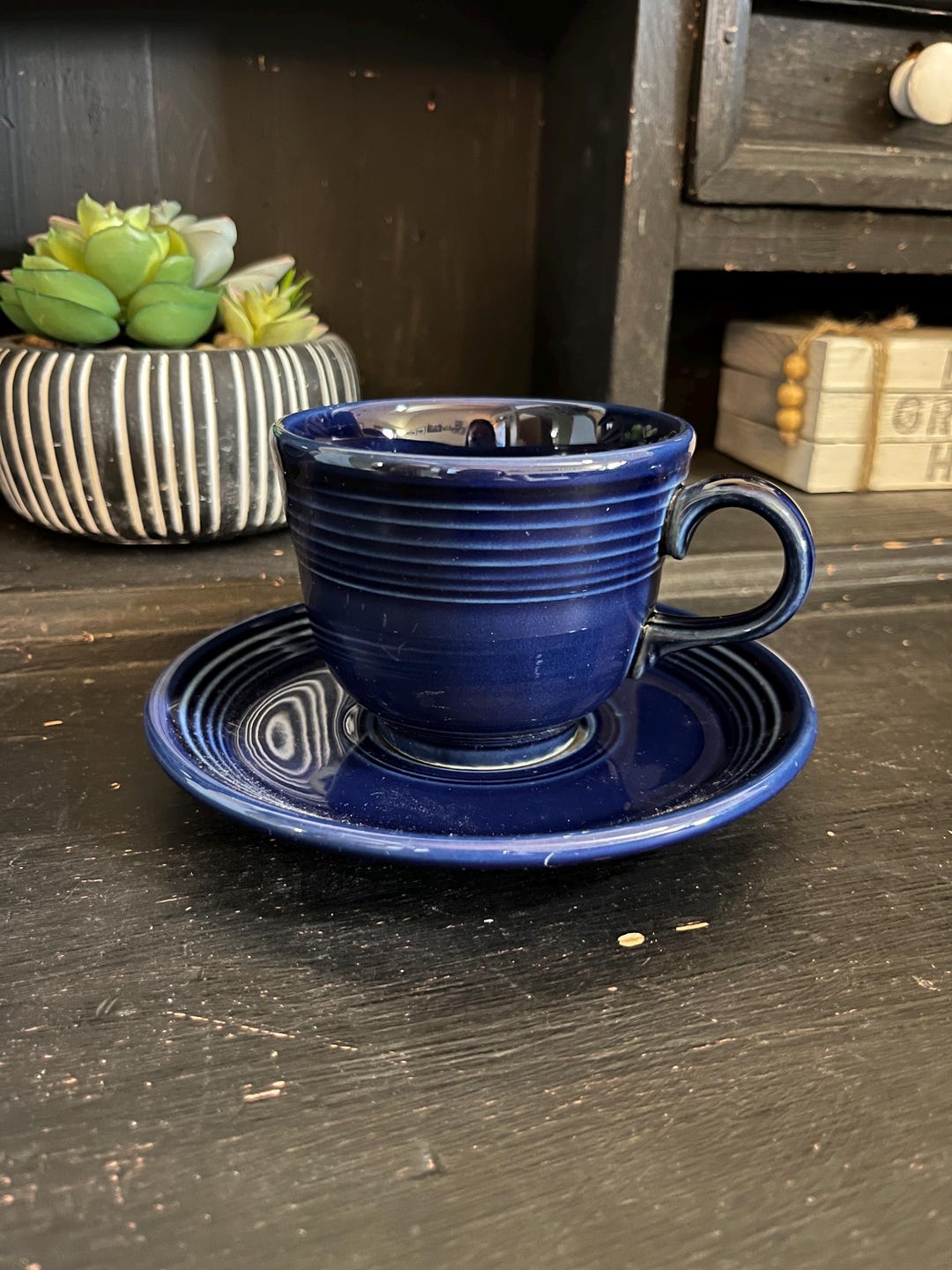 Vintage Fiestaware Cobalt Blue Cup and Saucer - Etsy