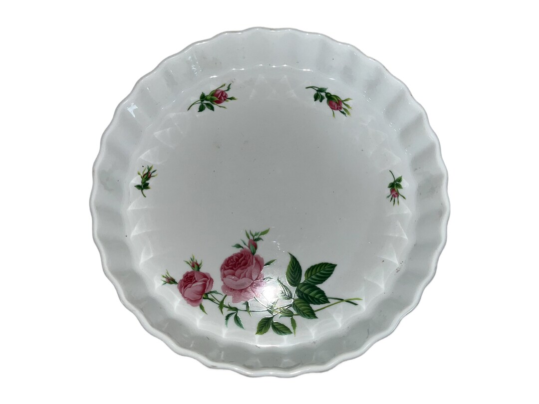 Vintage Christineholm Rose Pattern White Ceramic Quiche Dish With Pink ...
