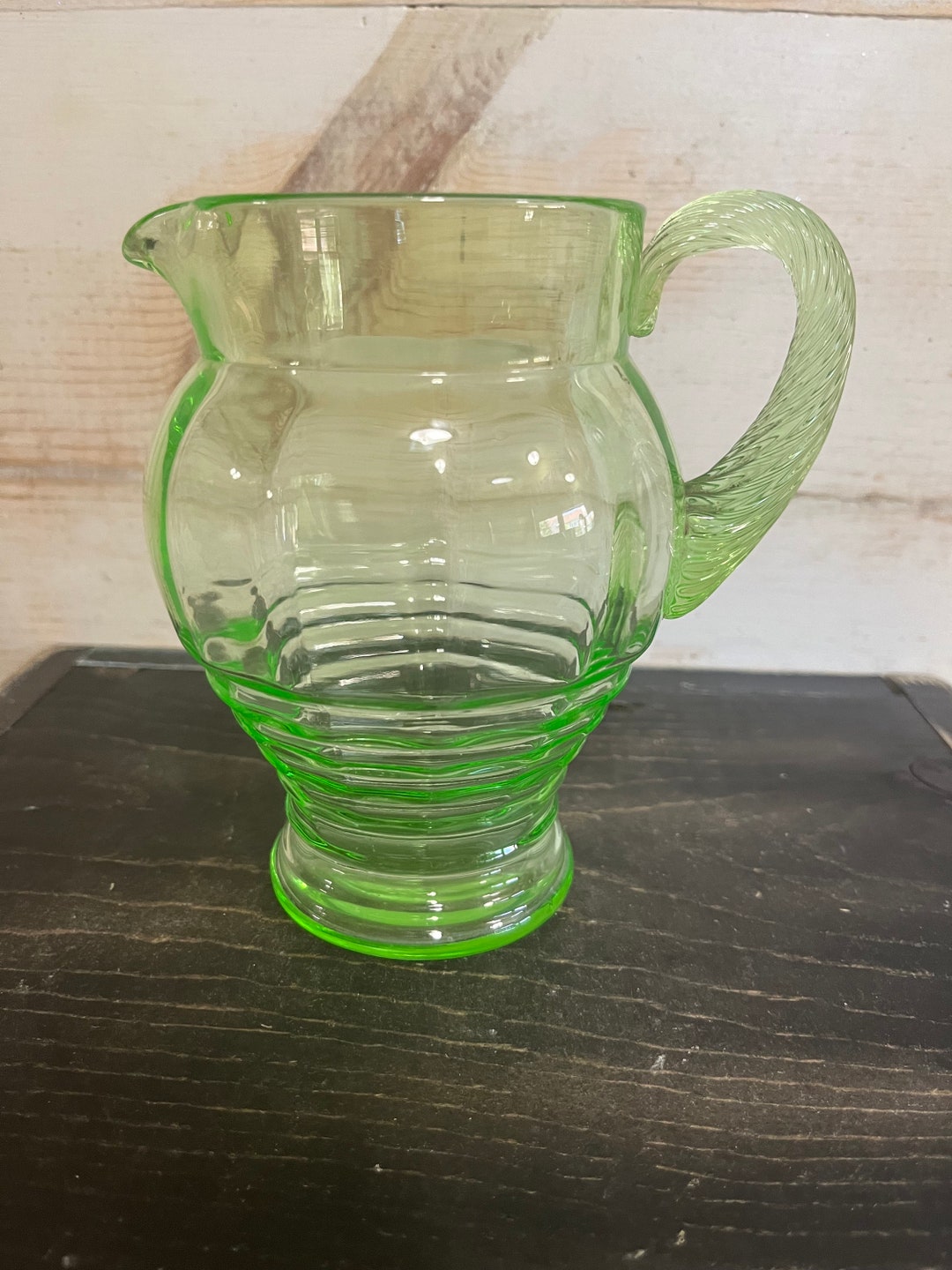 Vintage Uranium Green Glass Pitcher | Swirled Handle, Depression Era - Etsy