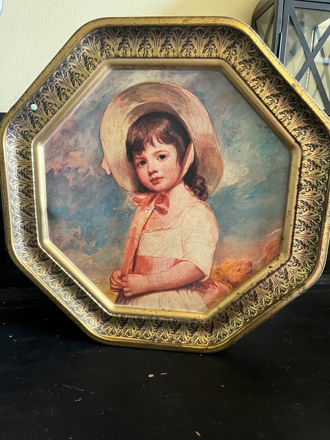 Vintage Large Octagon Shaped Double Sided Tin | Boy With Dog & Girl ...