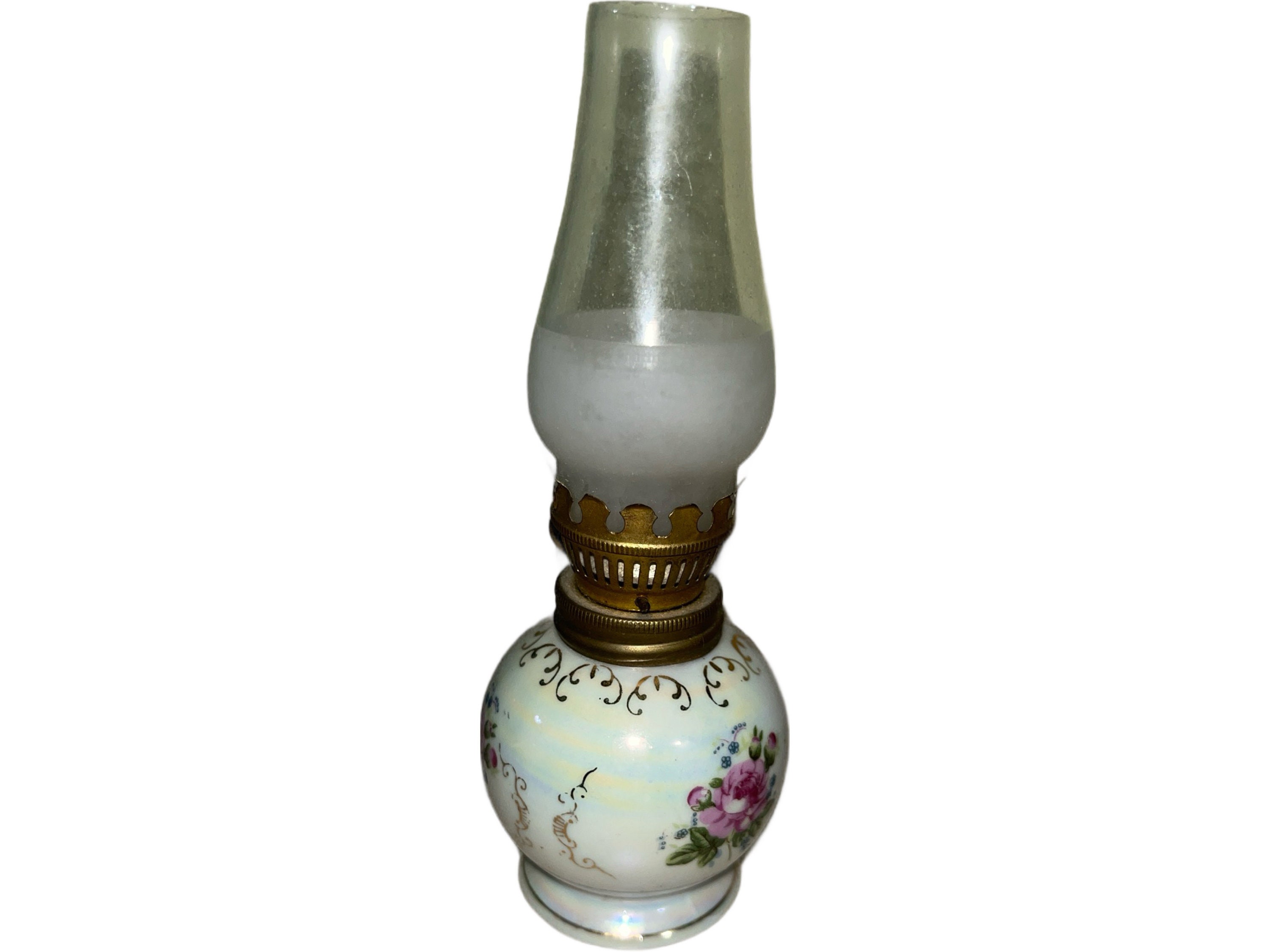 Midcentury Lusterware Mini Oil Lamp Multi Color Flowers an Shade Half ...