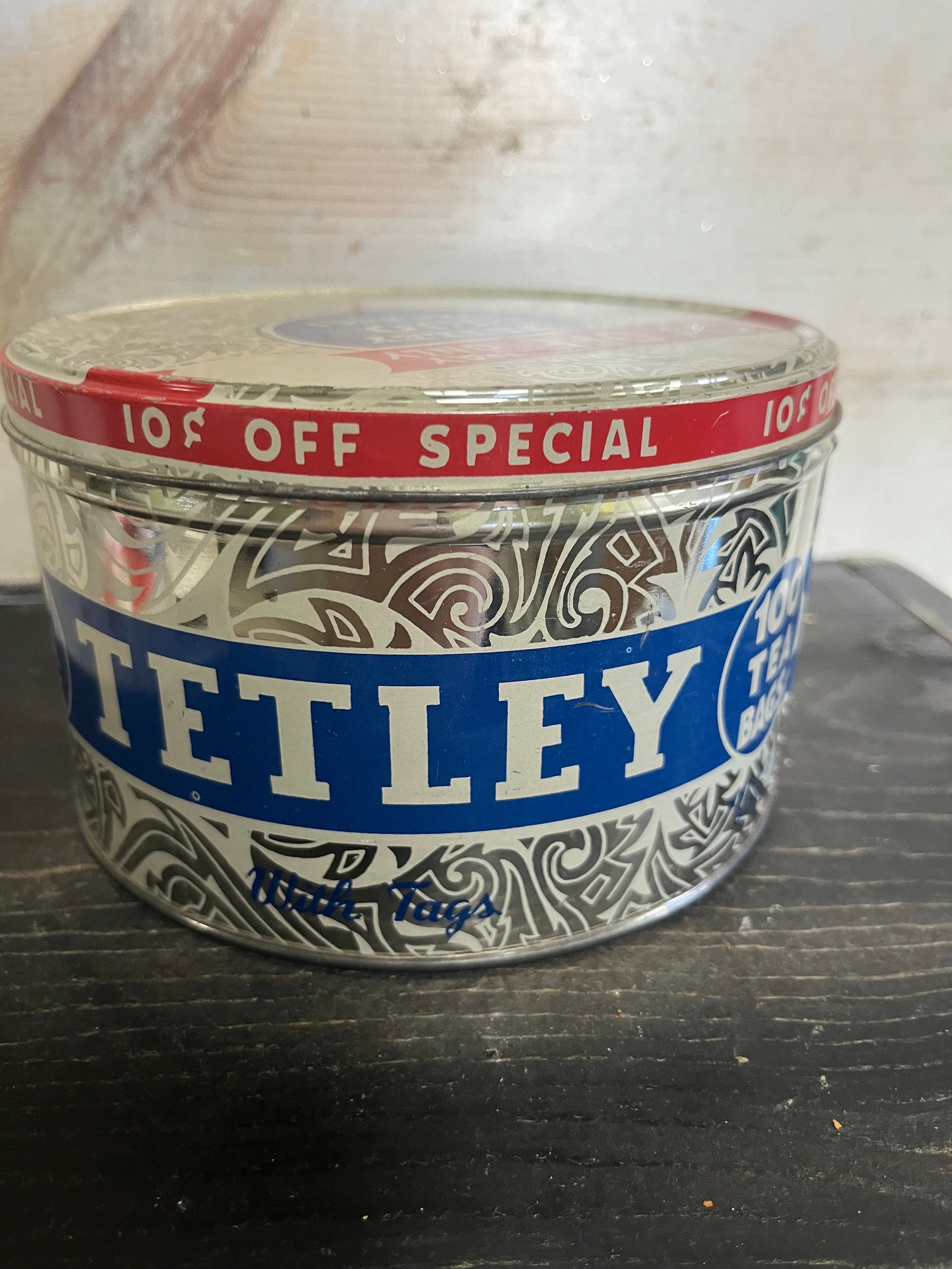 Vintage Round Tetley Tea Bag Tin Blue & Red Storage Collectible Home ...