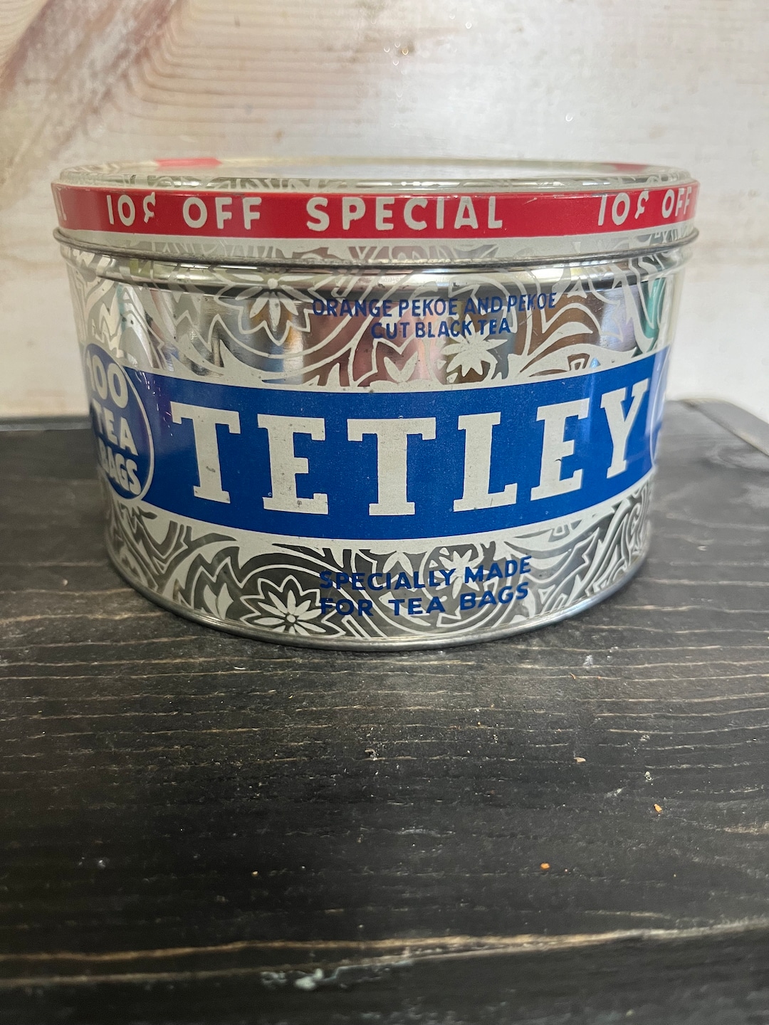 Vintage Round Tetley Tea Bag Tin Blue & Red Storage Collectible Home ...