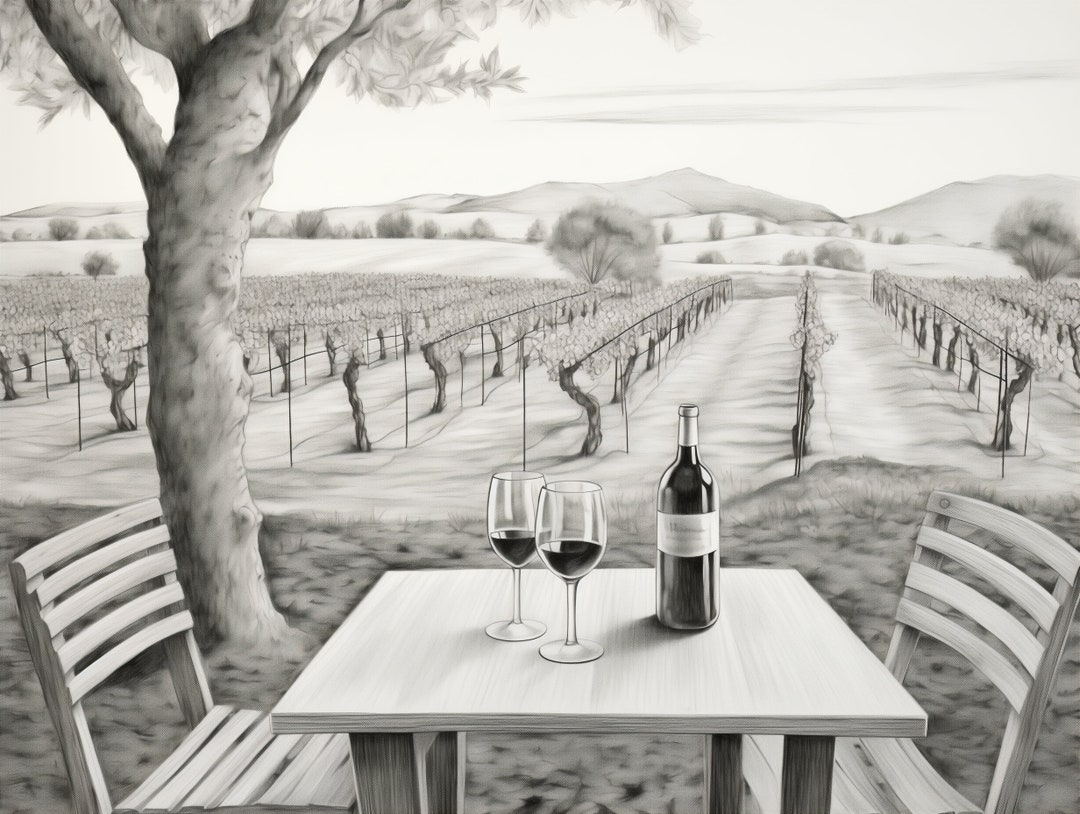 Wine & Vineyard Pencil Sketch Digital Print - Home Decor, Wall Decor ...
