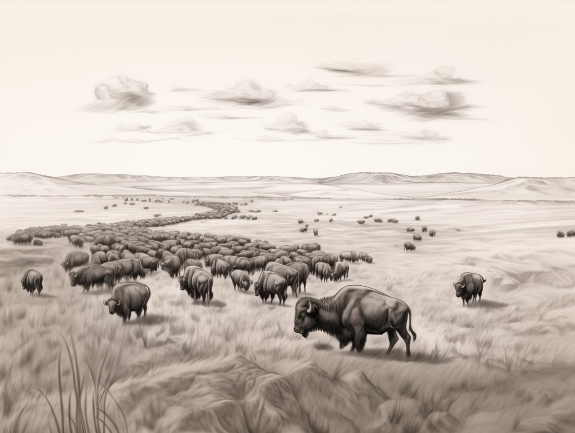 Herd of Bison Pencil Sketch Digital Print - Home Decor, Wall Decor ...