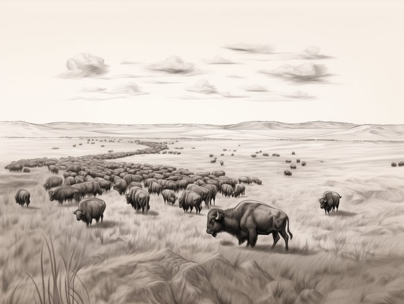 Herd of Bison Pencil Sketch Digital Print - Home Decor, Wall Decor ...