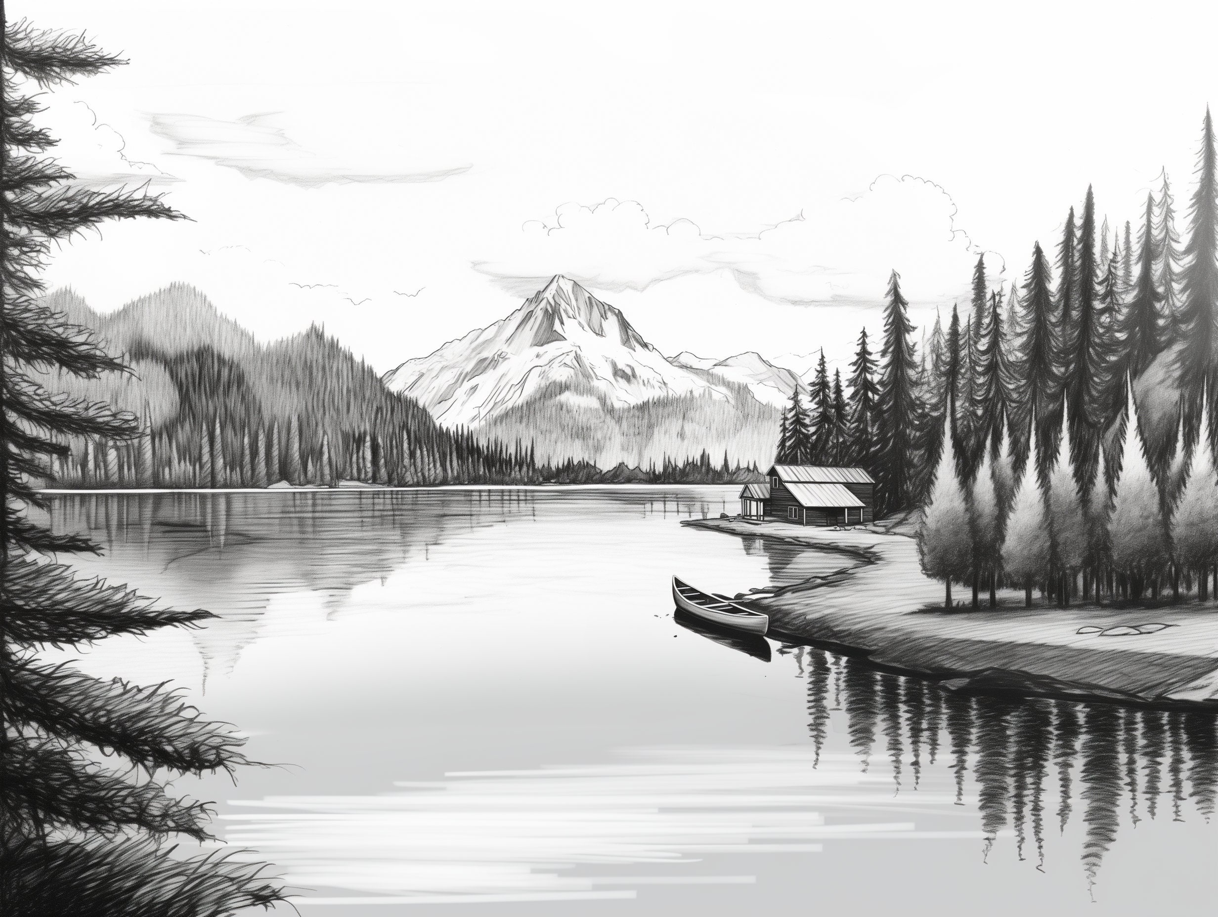 Mountain Lake Pencil Sketch Digital Print - Home Decor, Wall Decor ...