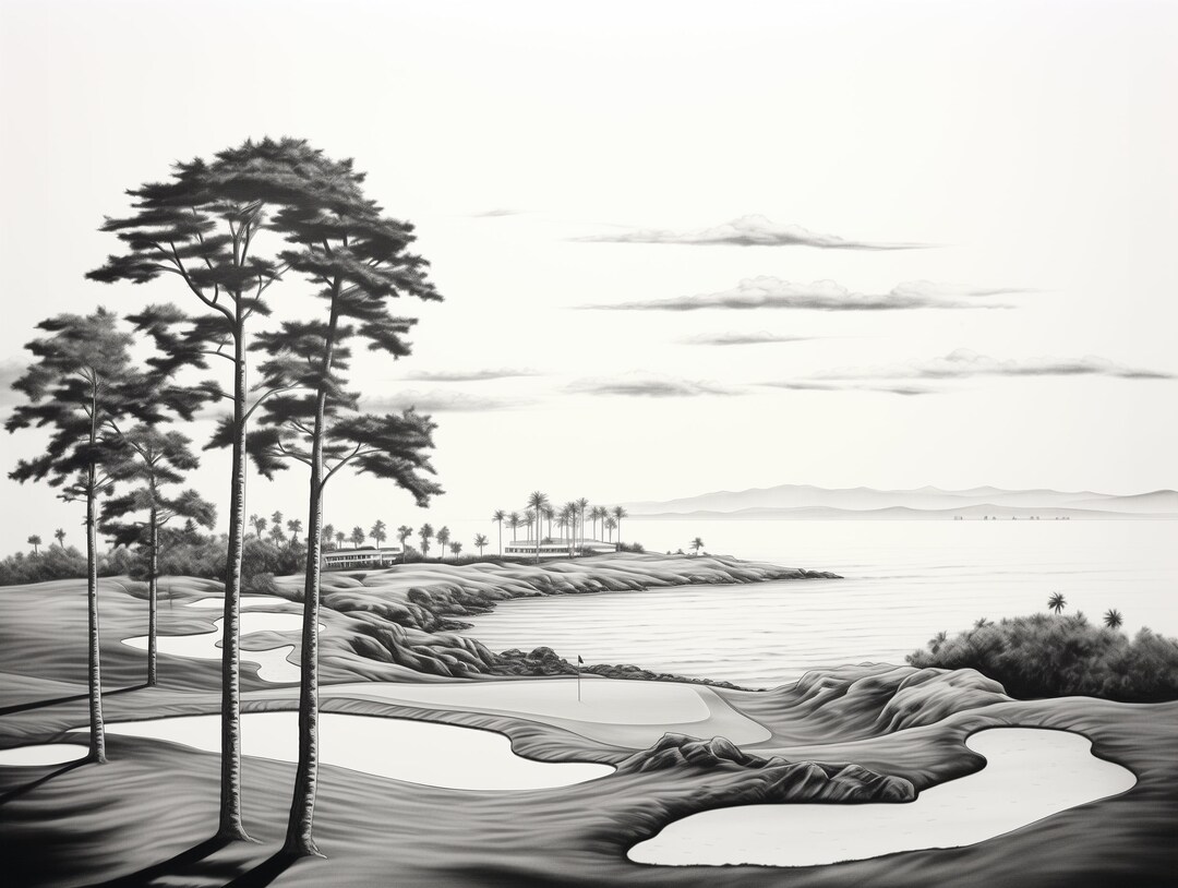 Golf Course on the Ocean Pencil Sketch Digital Print - Home Decor, Wall ...