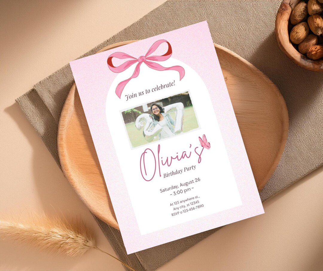 Pink Ribbon Photo Birthday Invitation | Elegant Birthday Party Template ...