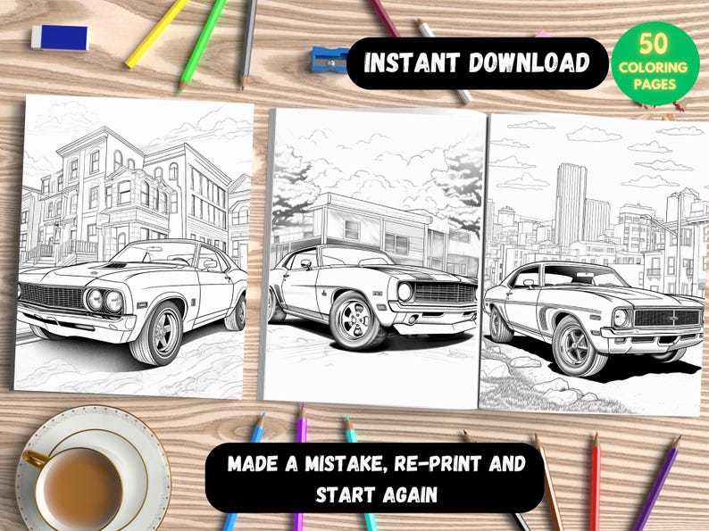 60 Muscle Car Coloring Book, Printable American Muscle Car, Grayscale ...