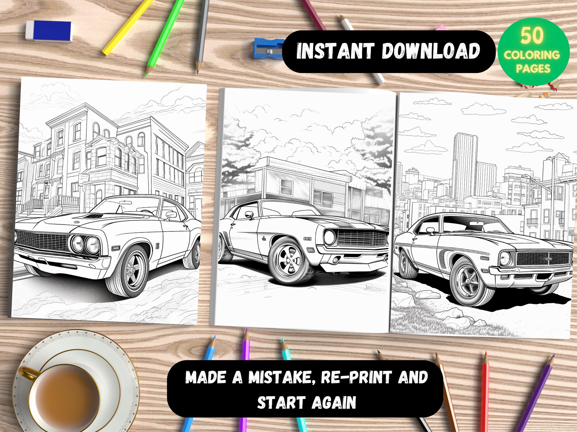 60 Muscle Car Coloring Book, Printable American Muscle Car, Grayscale ...