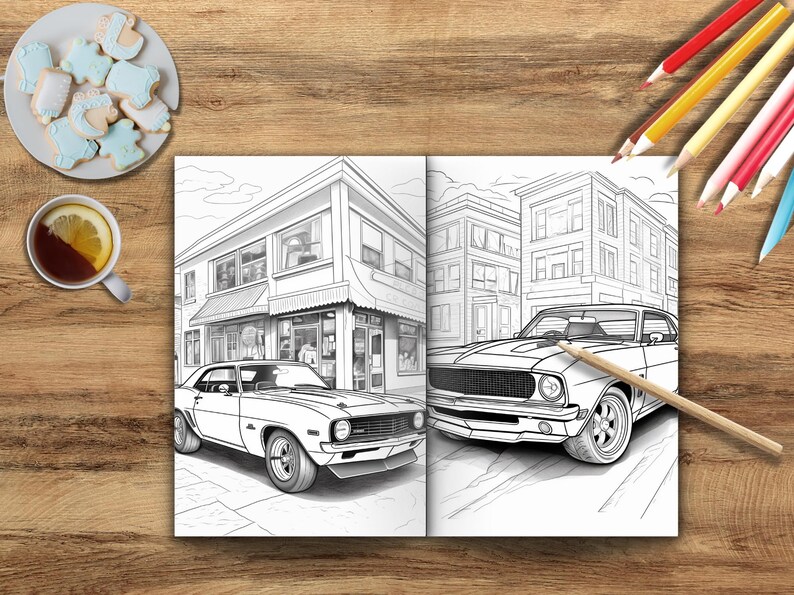 60 Muscle Car Coloring Book, Printable American Muscle Car, Grayscale ...