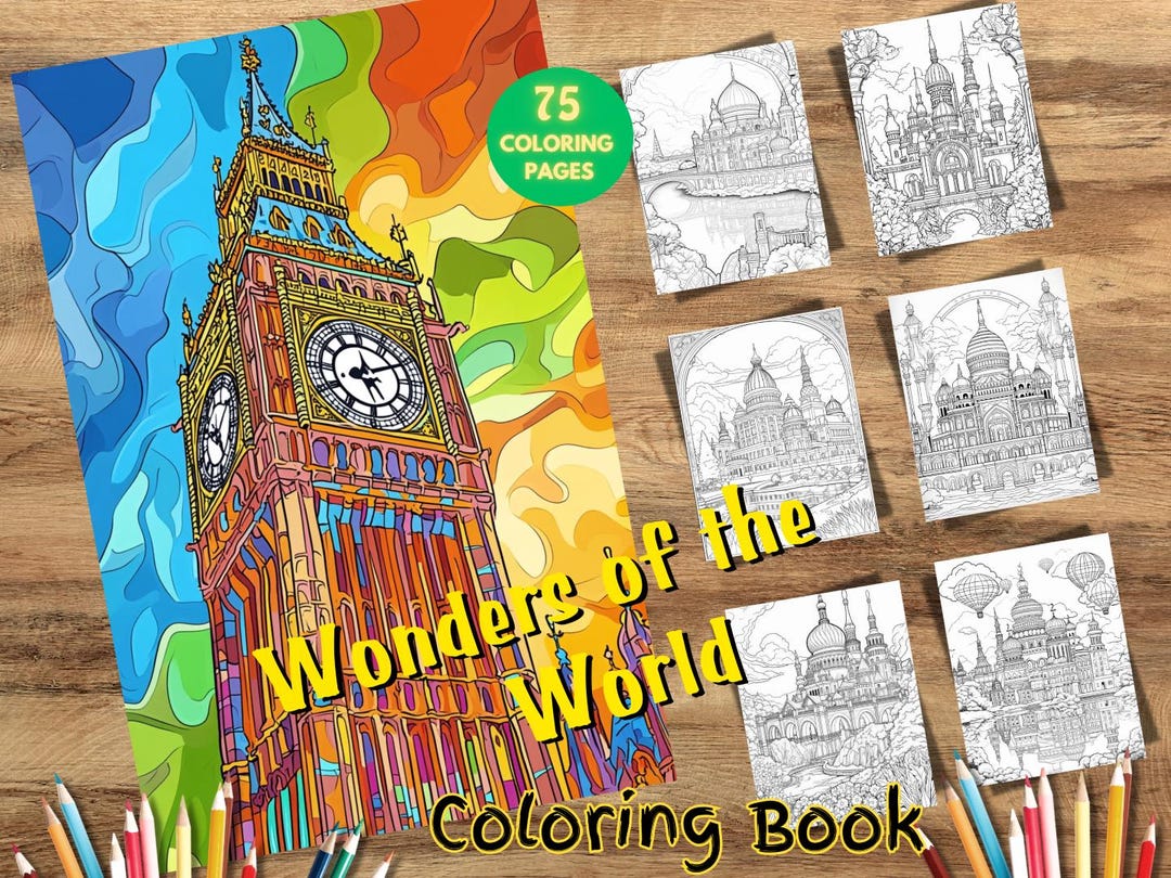 Wonders of the World Coloring Book, Printable Grayscale Iconic ...
