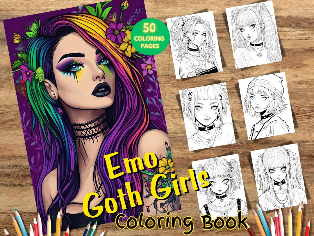 50 Goth Girls Coloring Book, Printable Emo Gothic Woman Coloring Pages ...